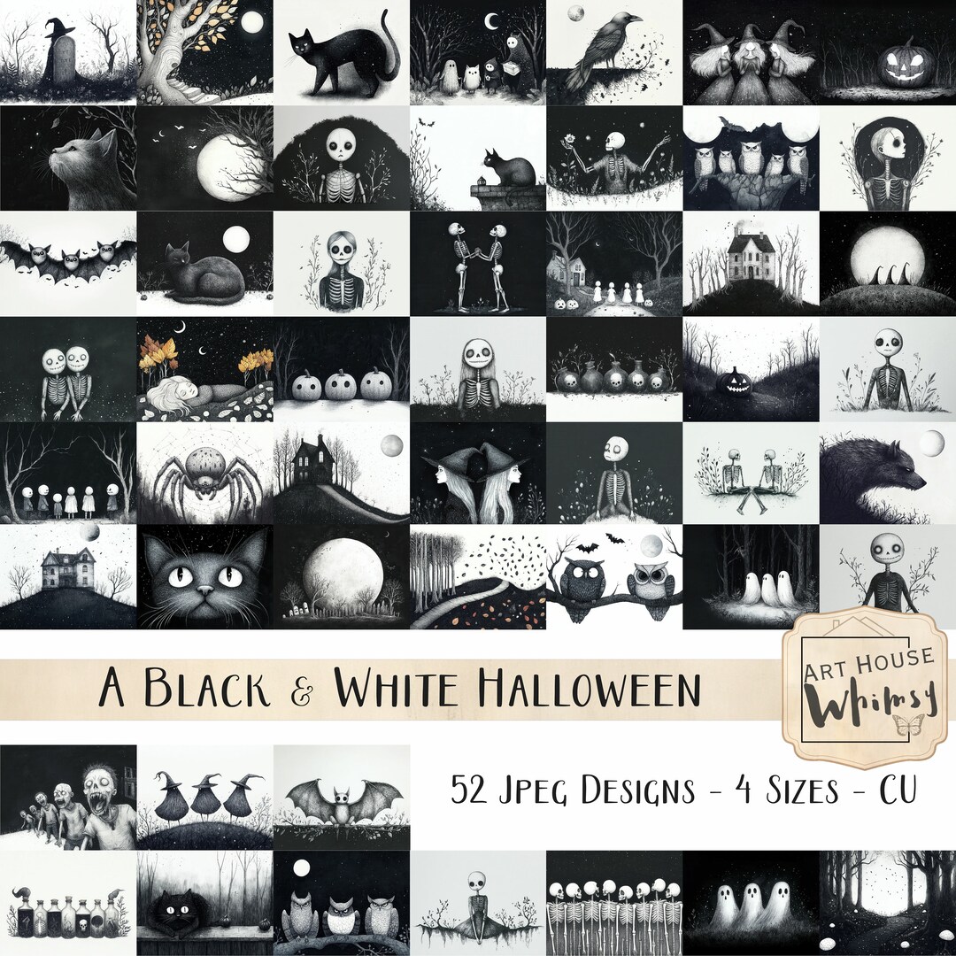 A Black & White Halloween: Spooky Whimsical Graphics, 52 JPEG Designs ...