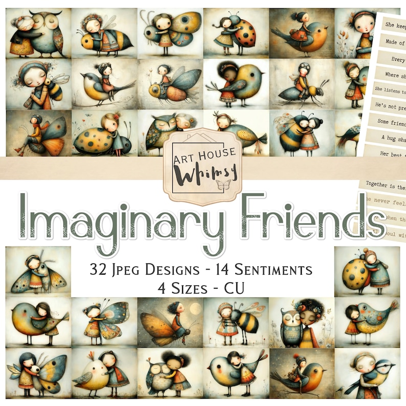 Imaginary Friends-cute Whimsical Girls With Animal Friends, 4 Sizes, CU ...
