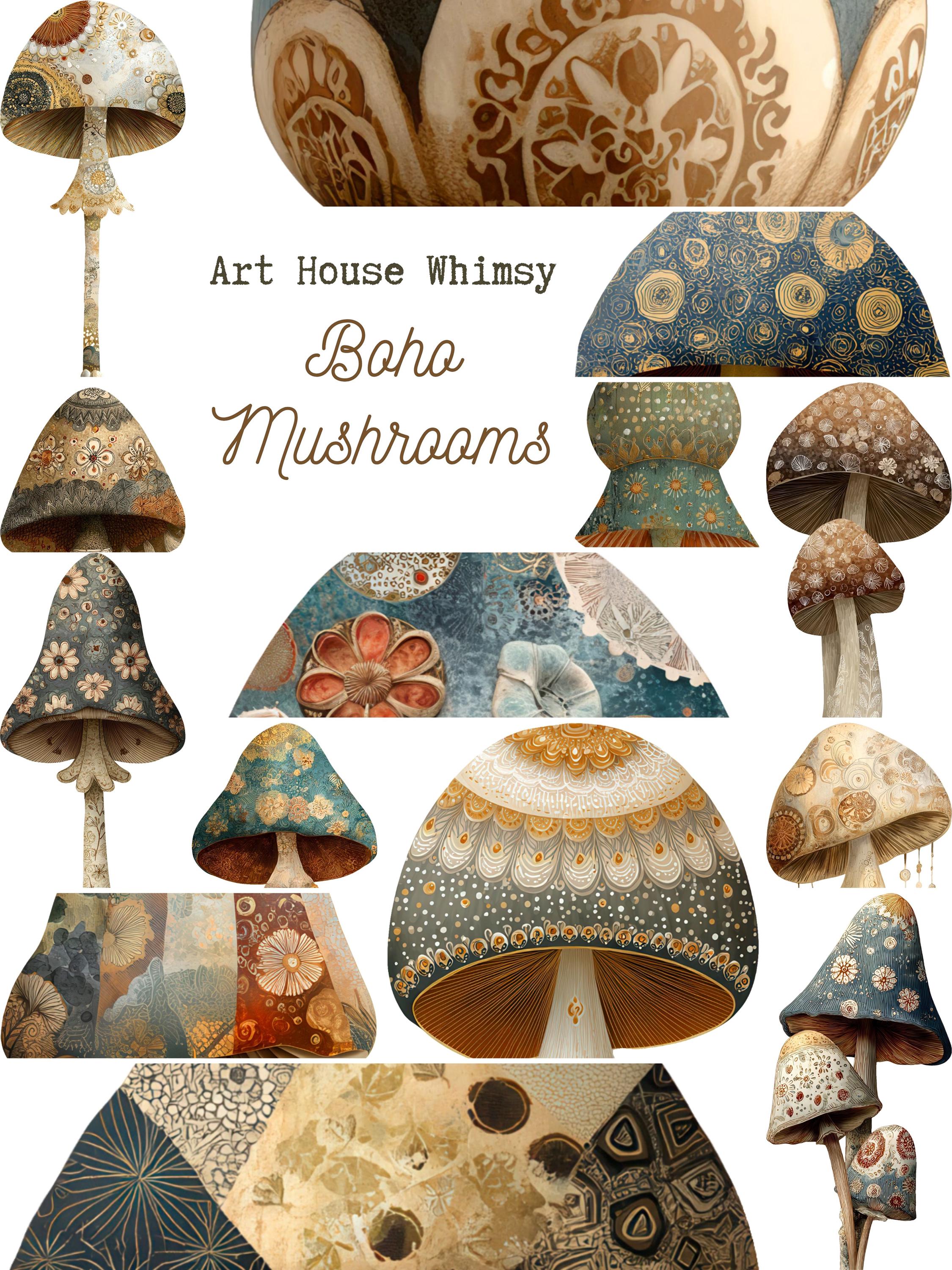 Boho Mushrooms: 30 Png Hippy Folk Art Style Fungi, 4 Sizes, CU ...