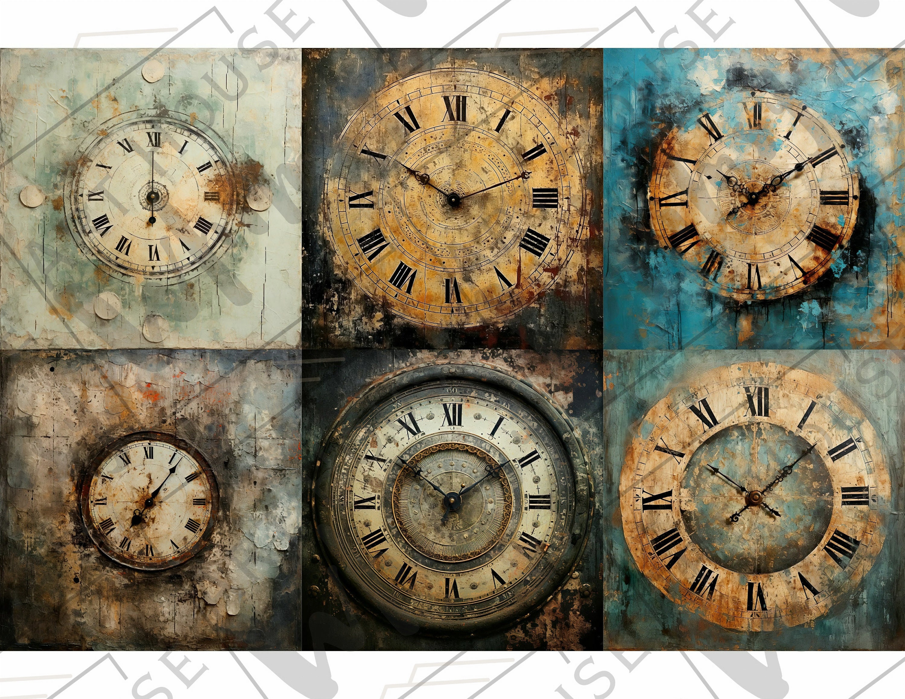 Mixed Media Clock Faces, Junk Journal, Commercial Use, Grunge/painterly ...