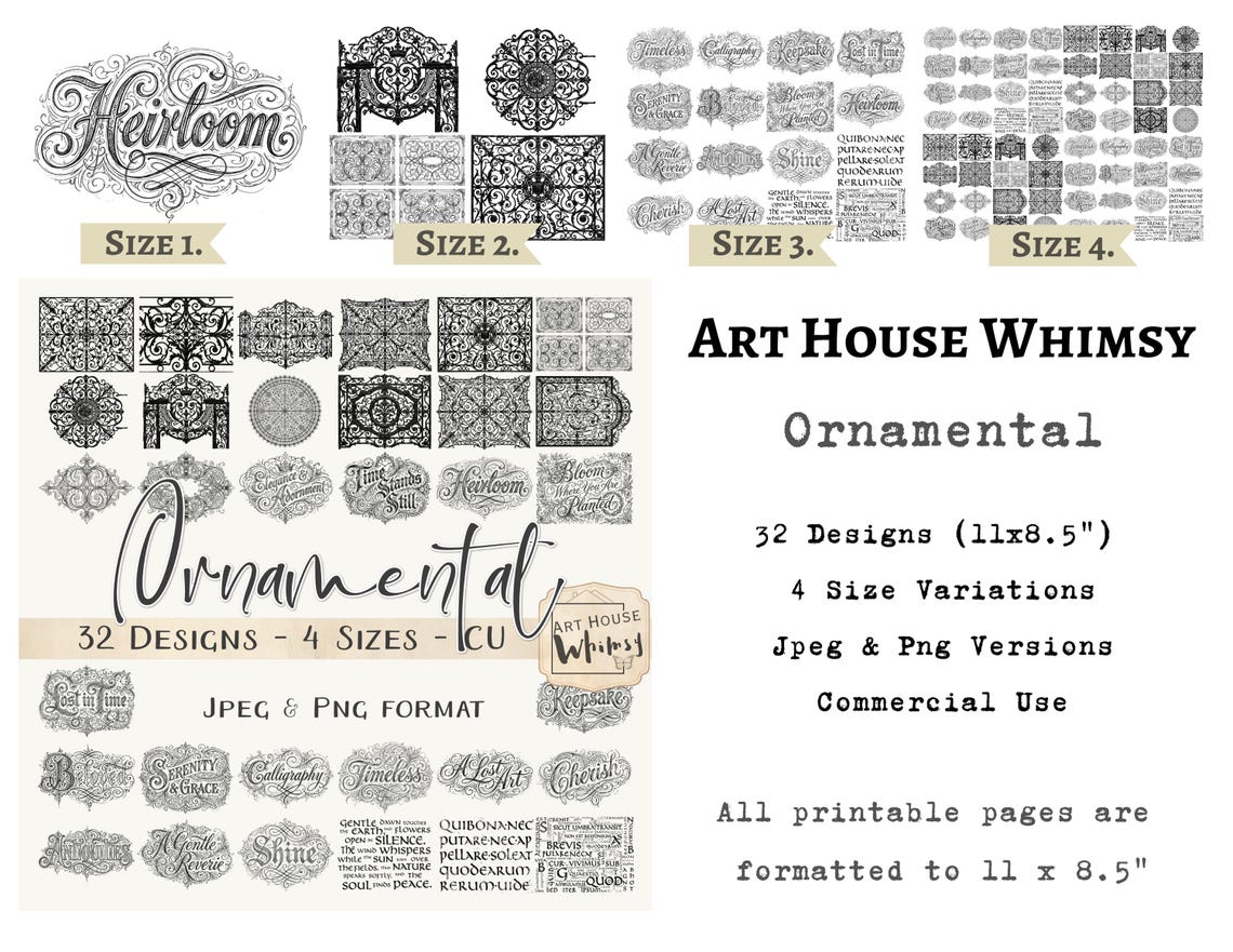 Ornamental: 32 Black Scroll Work, Word Art and Overlays, 4 Sizes, CU ...
