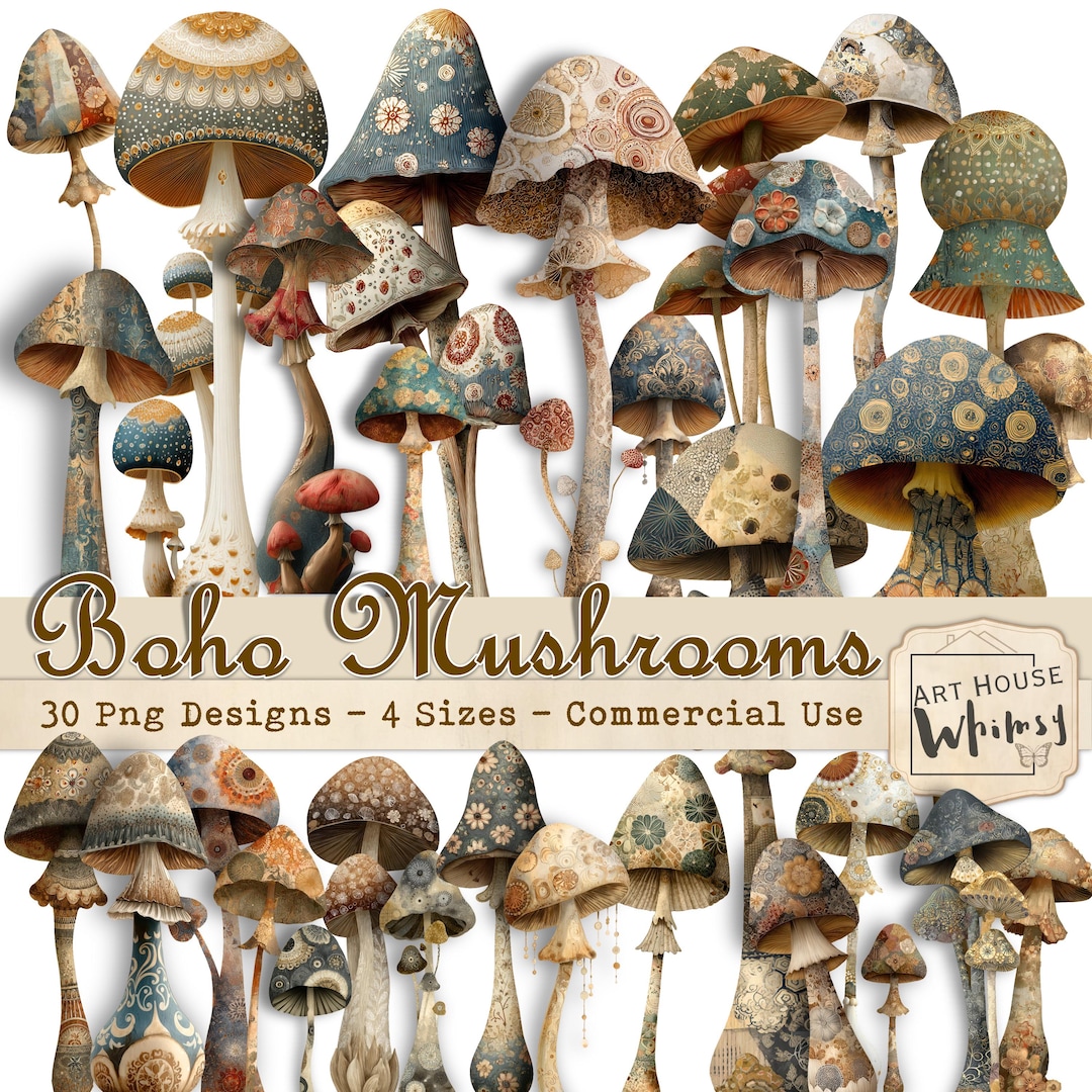 Boho Mushrooms: 30 Png Hippy Folk Art Style Fungi, 4 Sizes, CU ...