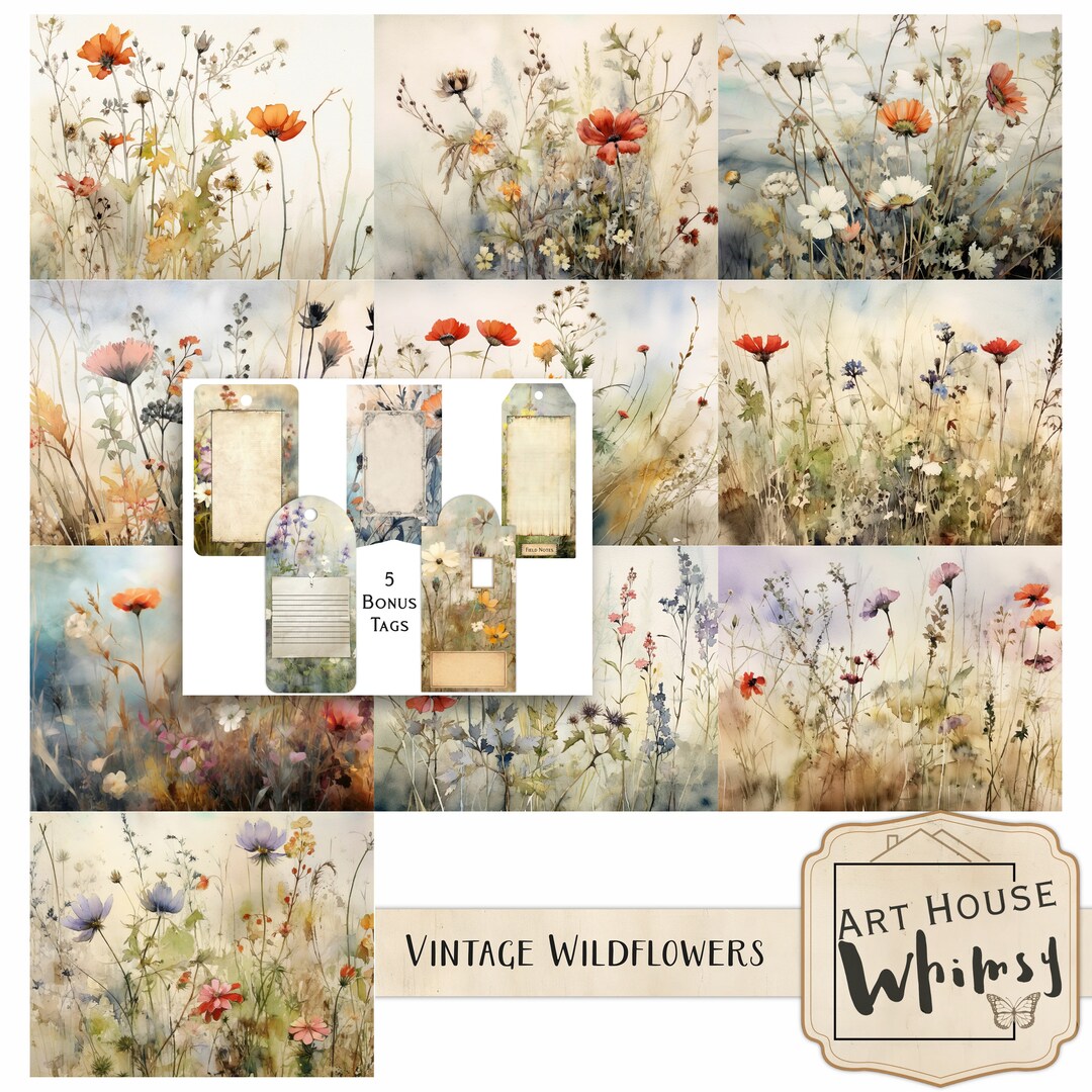 Vintage Wildflower Papers: Printable Botanical Backgrounds & Tags ...