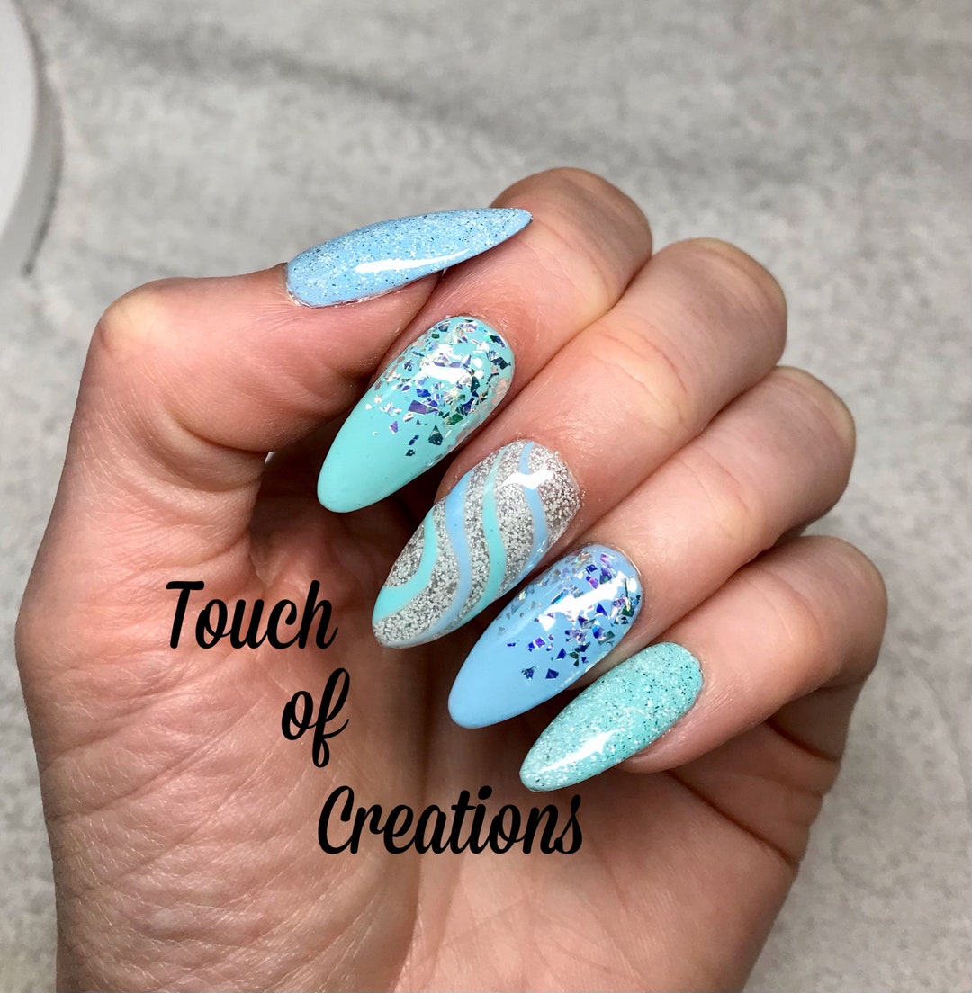 Aqua Blue Press on Nails: Silver Glitter Swirls, Handmade Gel Nail Set ...