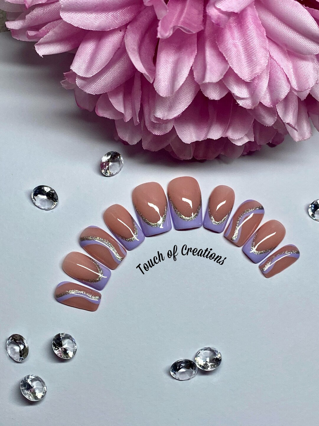Lilac/silver French Swirl Custom Made Press on Nails UK, Elegant Short ...