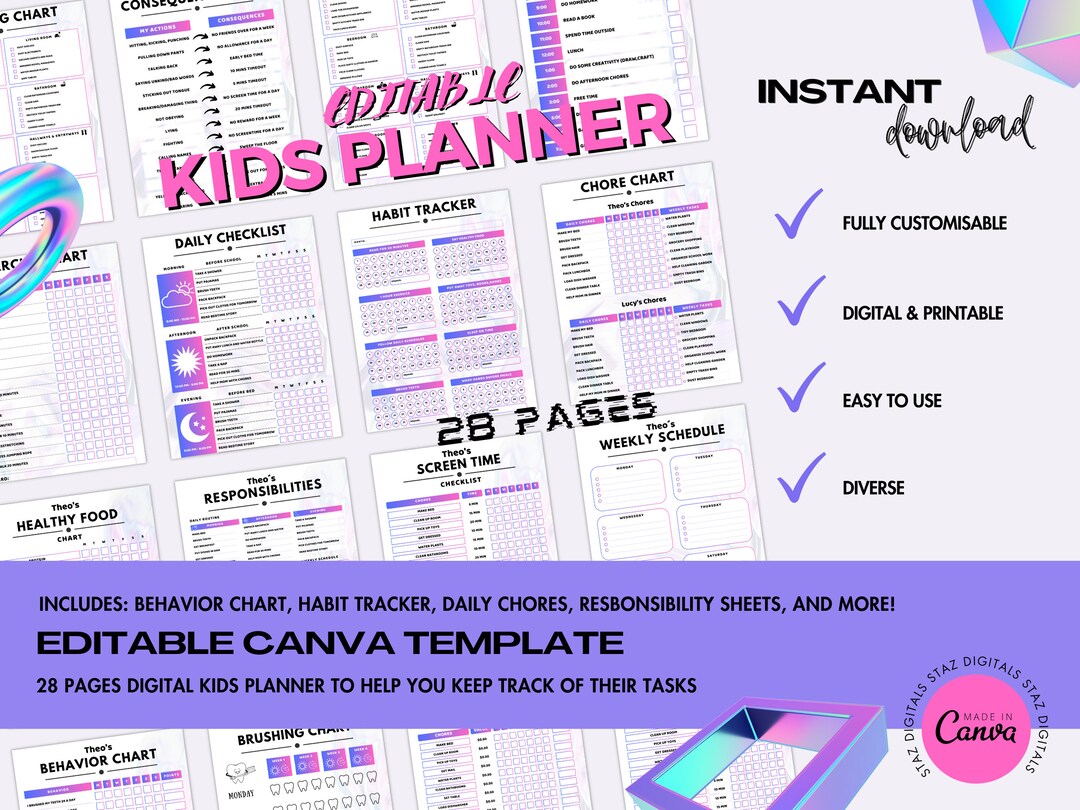 28 Pages Editable Kids Planner, Kids Chore Chart, Daily and Weekly ...