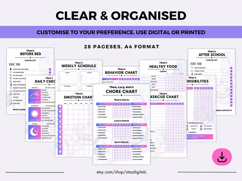 28 Pages Editable Kids Planner, Kids Chore Chart, Daily and Weekly ...