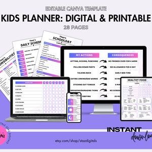 28 Pages Editable Kids Planner, Kids Chore Chart, Daily and Weekly ...