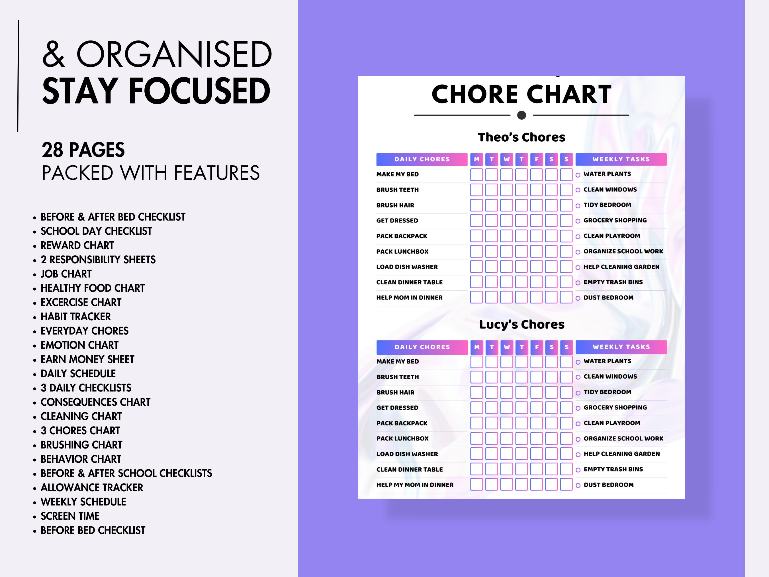 28 Pages Editable Kids Planner, Kids Chore Chart, Daily and Weekly ...
