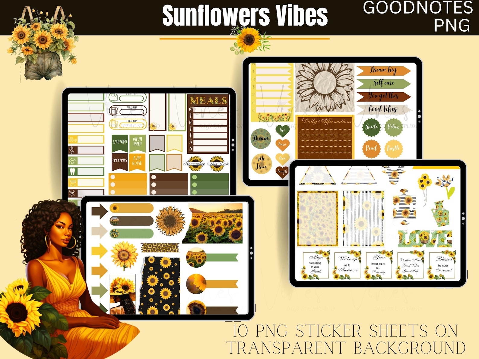 Sunflower Digital Planner Stickers: Pre-cropped Goodnotes Decor ...