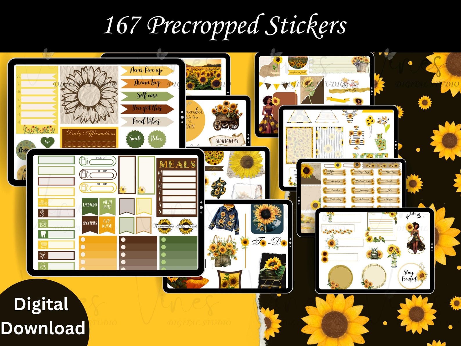 Sunflower Digital Planner Stickers: Pre-cropped Goodnotes Decor ...