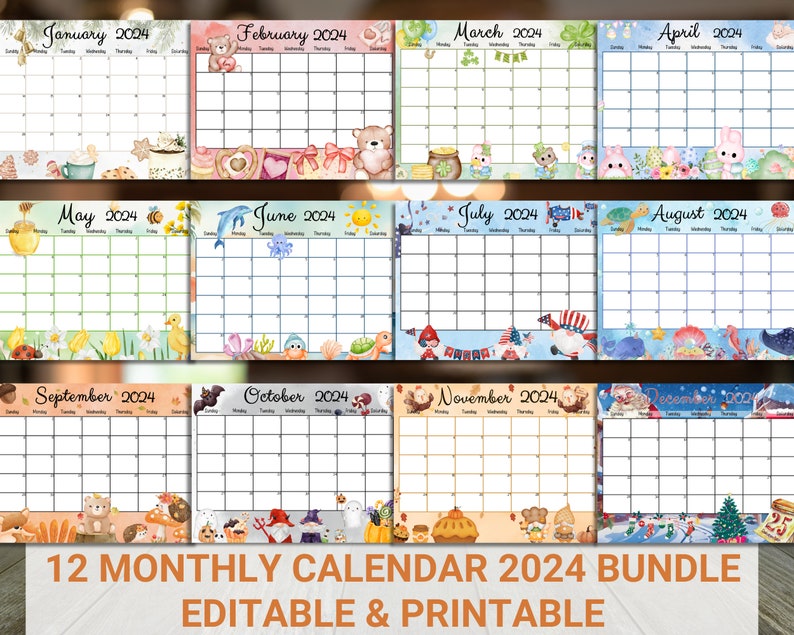 Bearbeitbarer Monatskalender 2024, 12 niedlicher befüllbarer ...