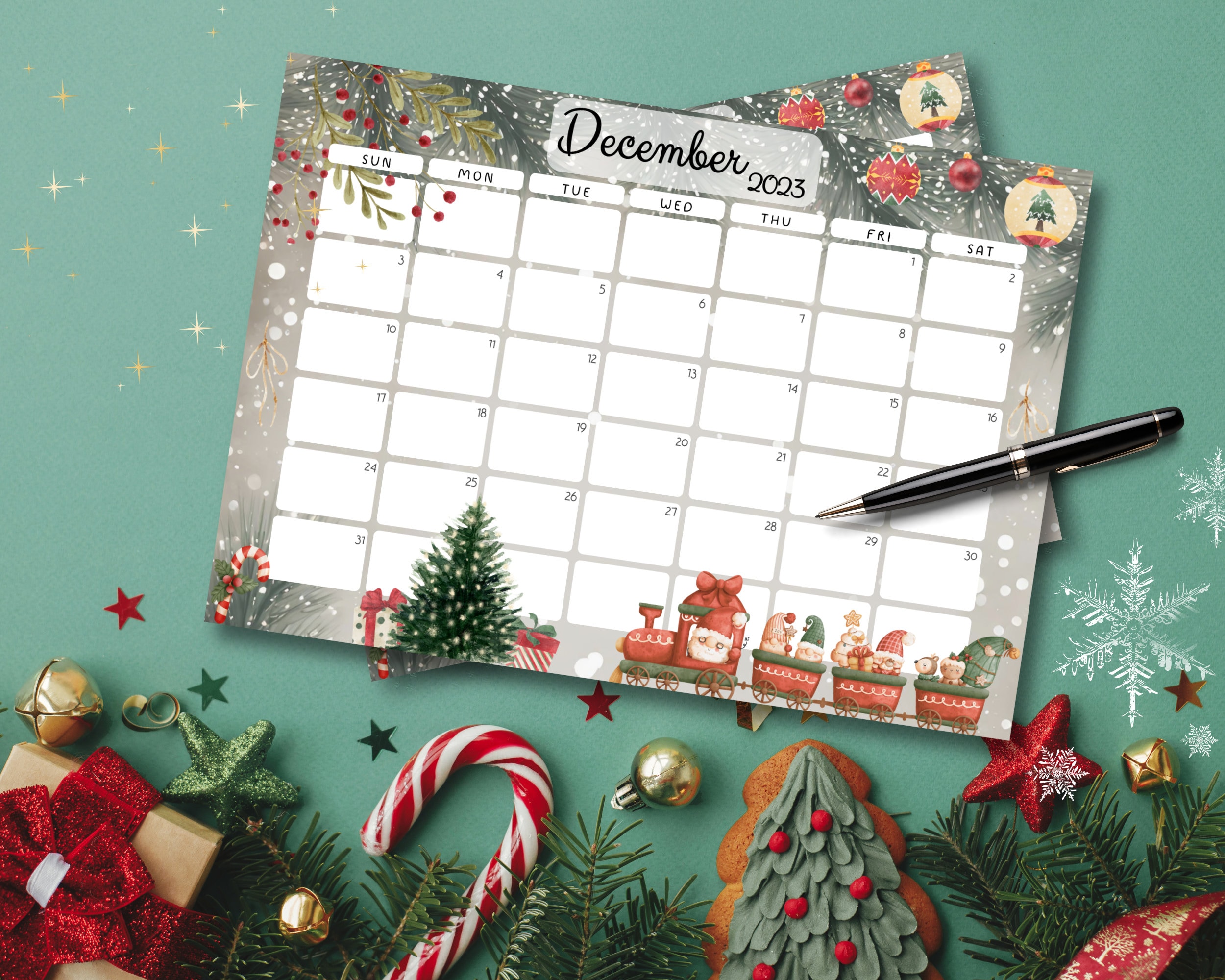 December 2023 Calendar, Christmas Themed December Calendar, Printable ...