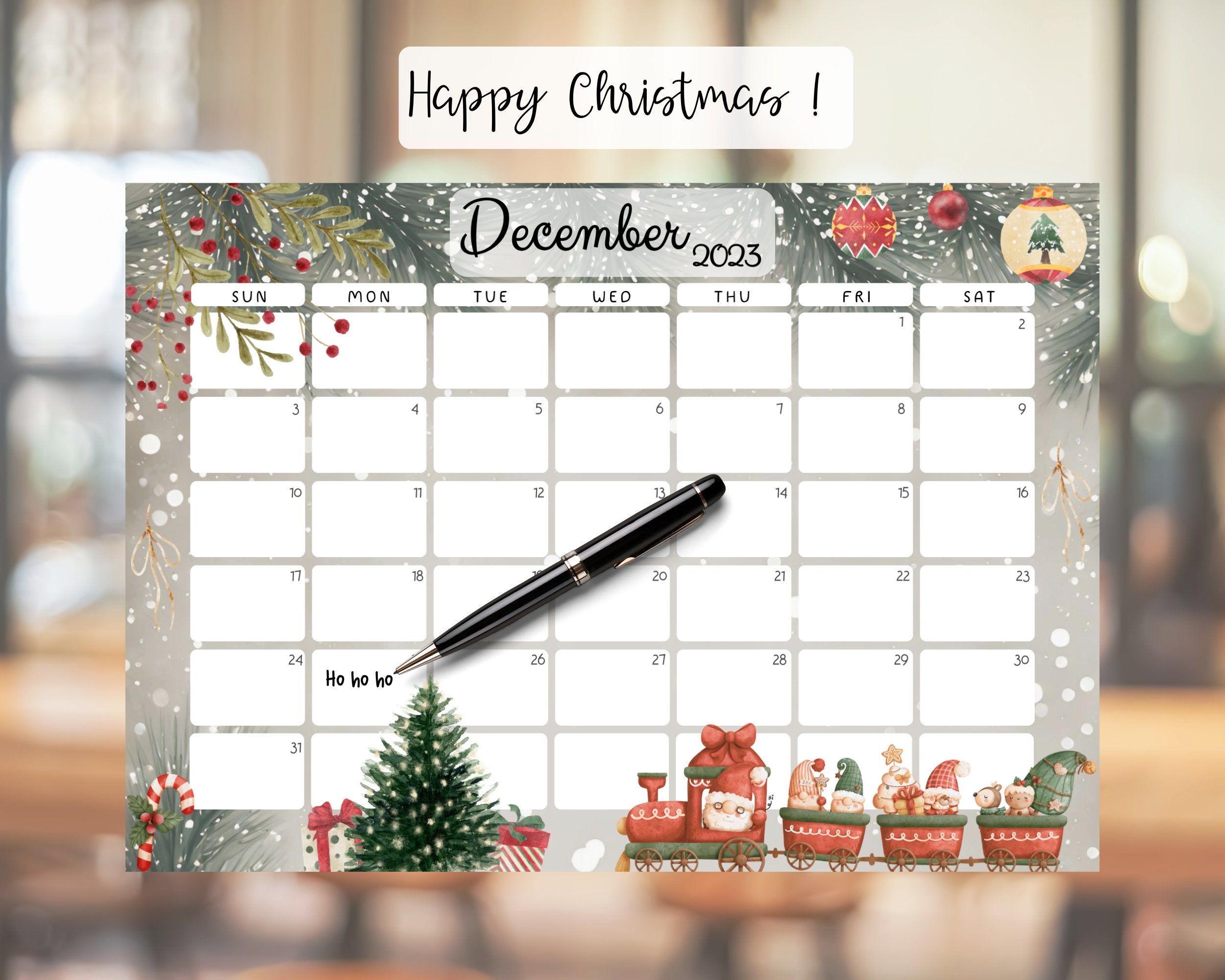December 2023 Calendar, Christmas Themed December Calendar, Printable ...