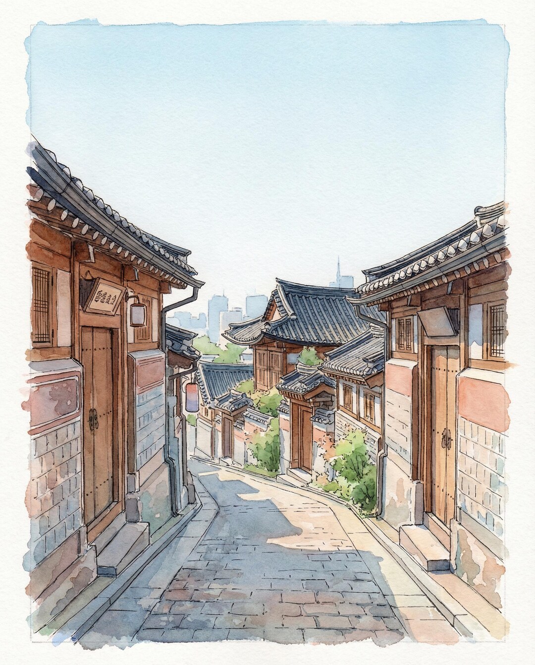 Bukchon Hanok Village Watercolor Print, Seoul Traditional Street View ...