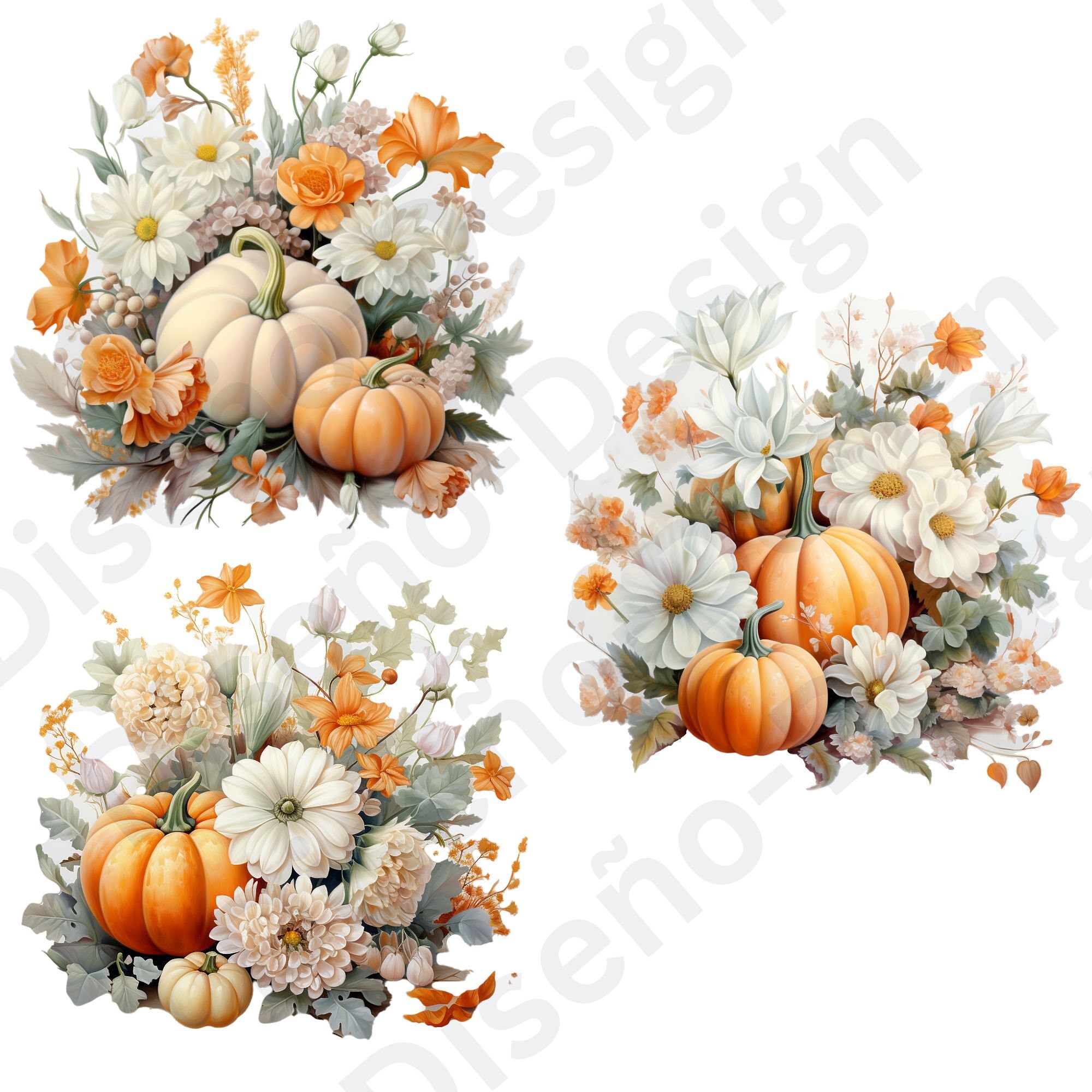 Floral Pumpkin Pastel Clipart PNG - White & Orange Pumpkin Blue Hue ...