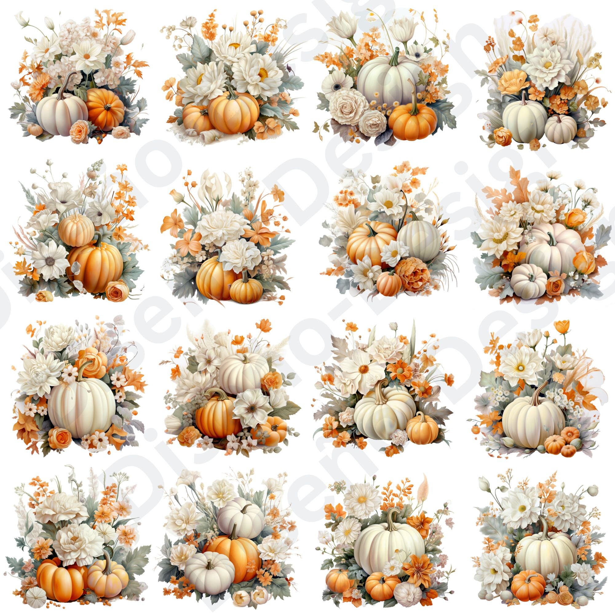 Floral Pumpkin Pastel Clipart PNG - White & Orange Pumpkin Blue Hue ...