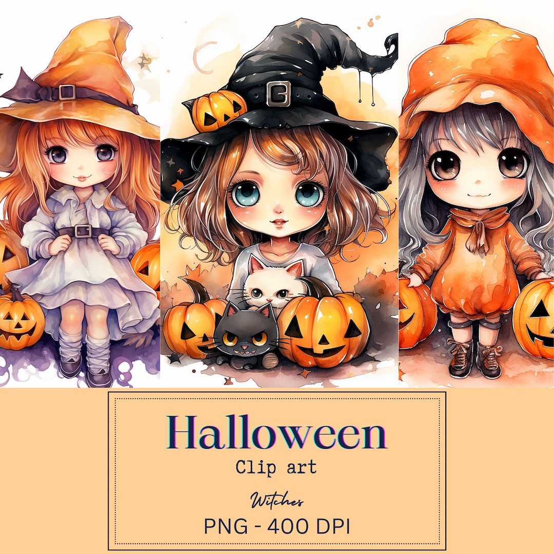 Witch Watercolor Clipart Bundle PNG Images, Witch, Chibi, Halloween ...