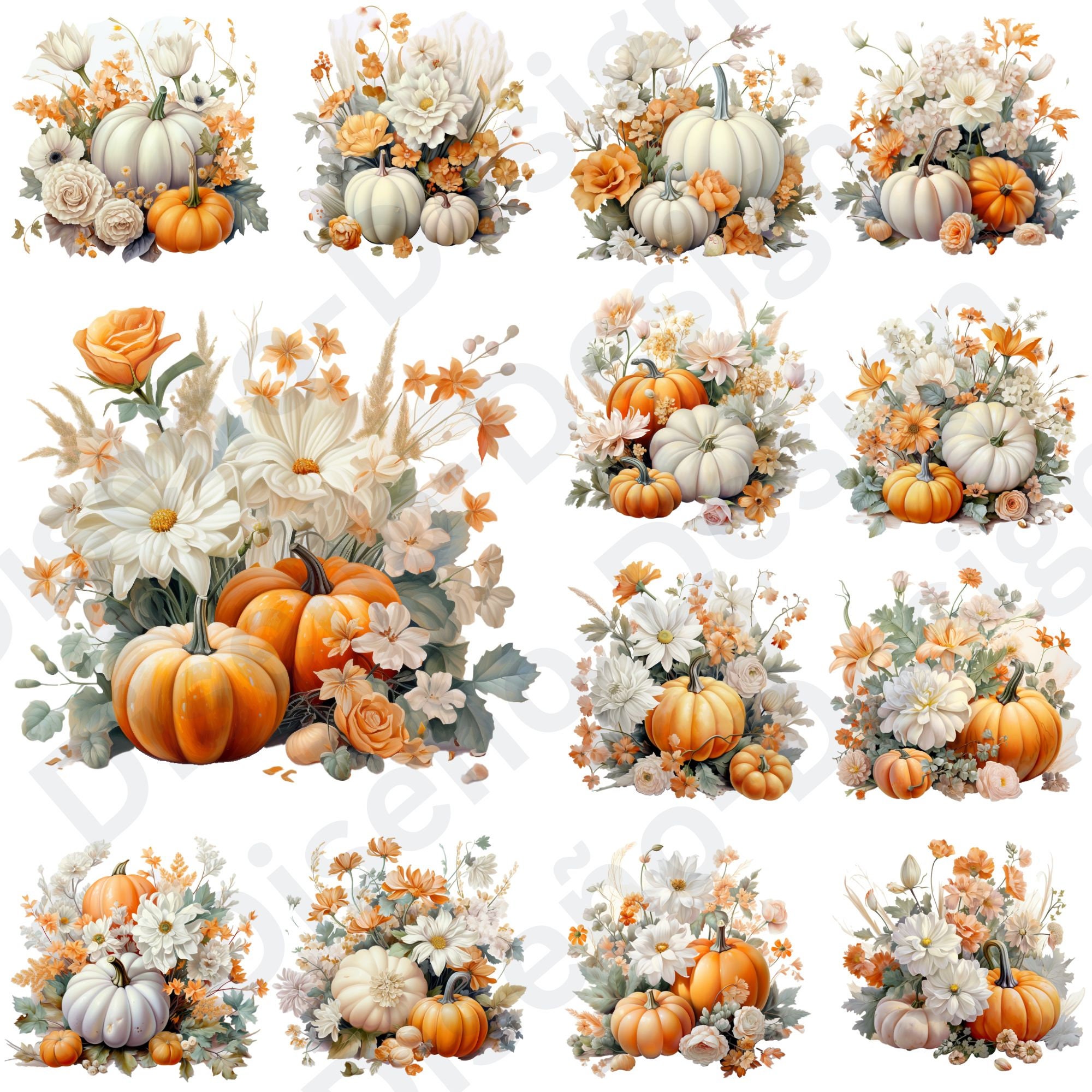 Floral Pumpkin Pastel Clipart PNG - White & Orange Pumpkin Blue Hue ...