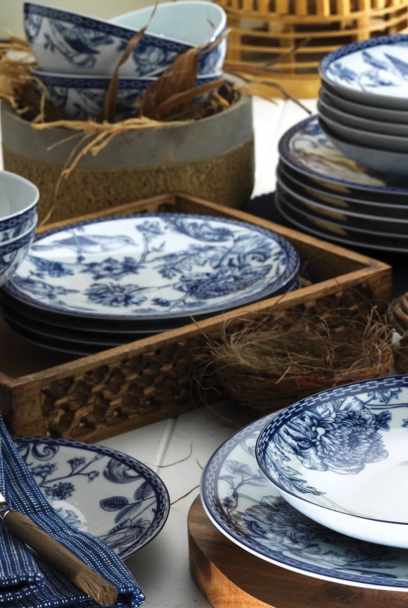 Vintage Blue Blanc Dinnerware Set 24 Pieces for 6 Person, Breakfast Set ...