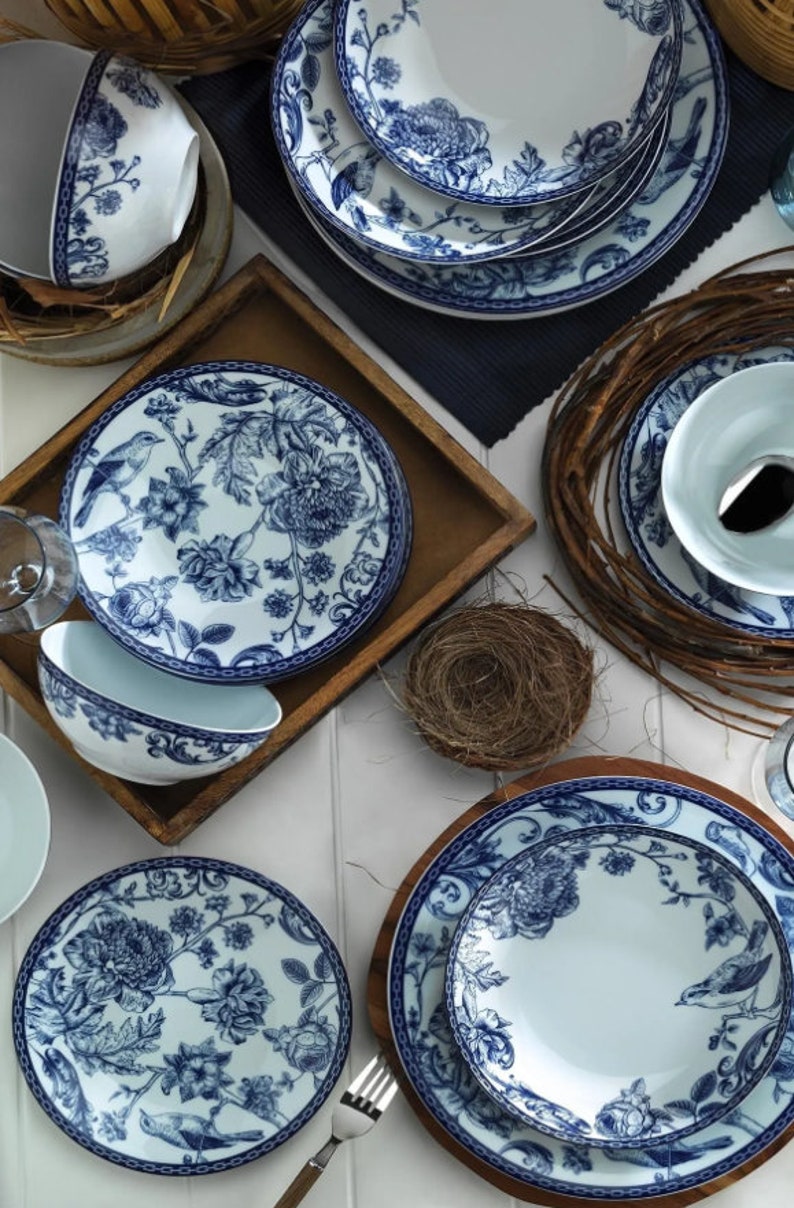Vintage Blue Blanc Dinnerware Set 24 Pieces for 6 Person, Breakfast Set ...