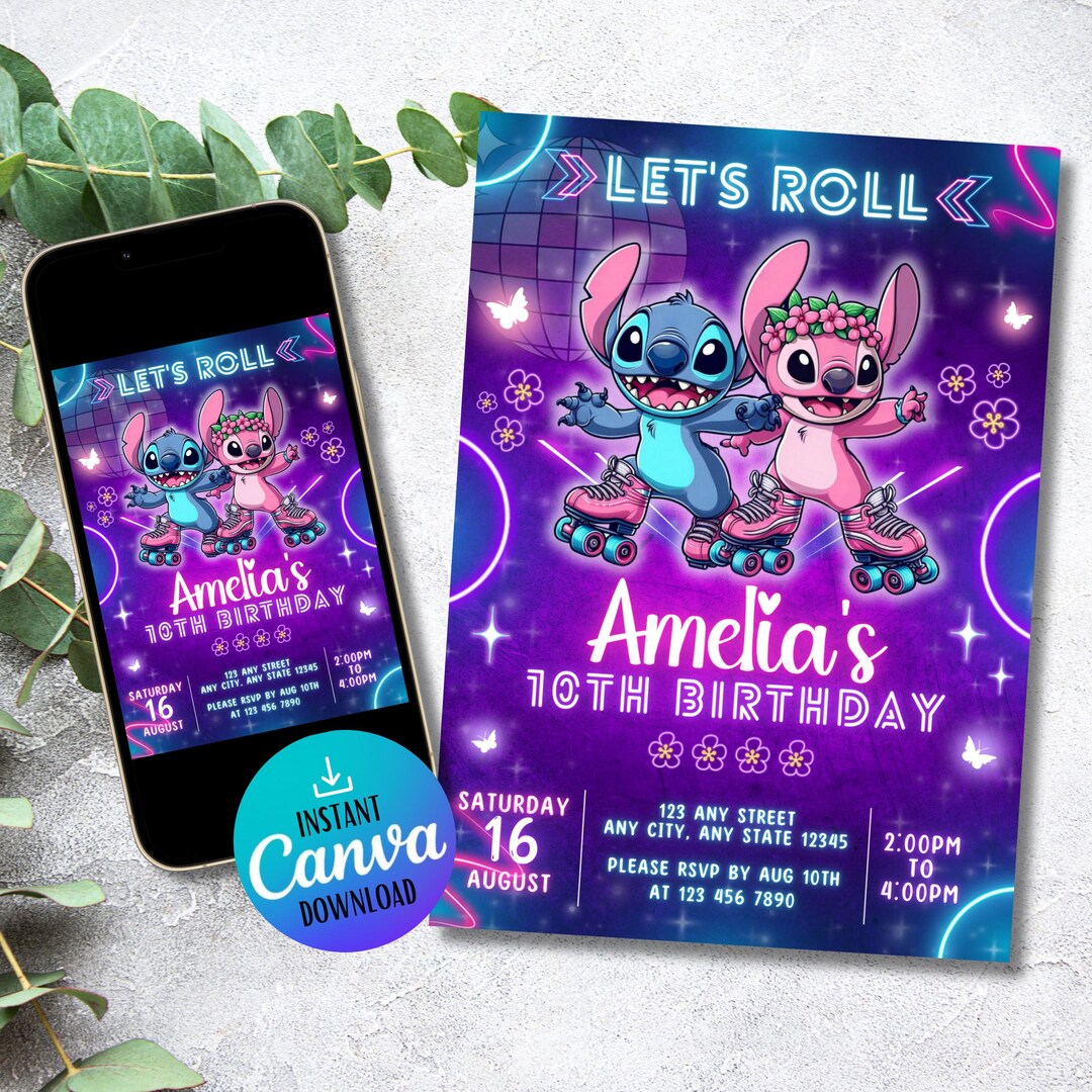 Stitch Roller Skating Birthday Invitation Template (digital Download - Etsy