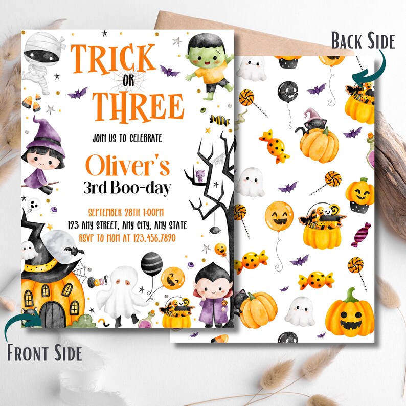 Halloween Birthday Invitation | Trick or Three, Ghost Design (digital ...