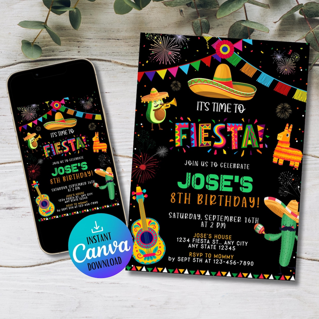 Editable Fiesta Birthday Invitation | Mexican Theme | Canva Template ...