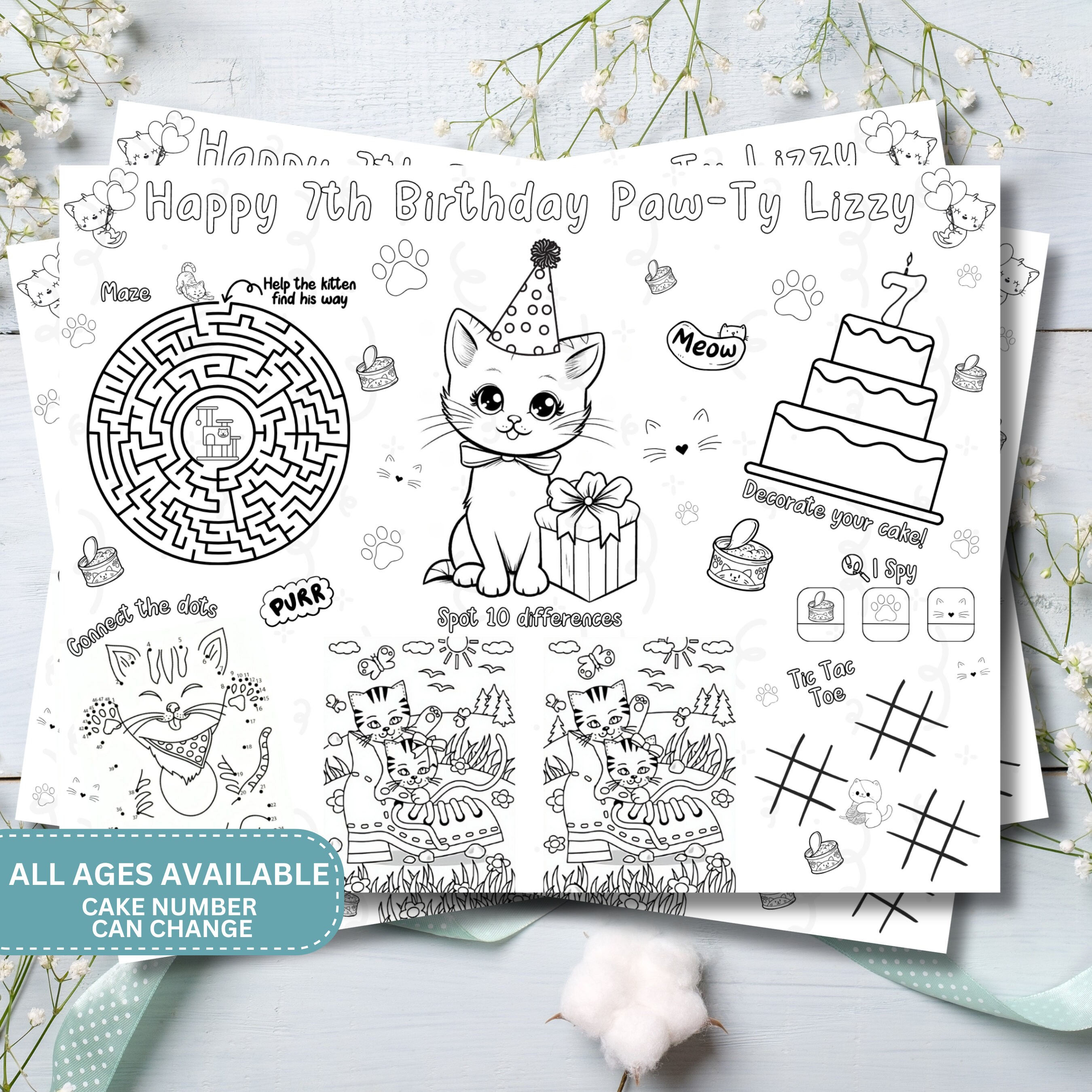 Cat Coloring Page Kitty Cat Birthday Decorations Coloring Table Runner ...