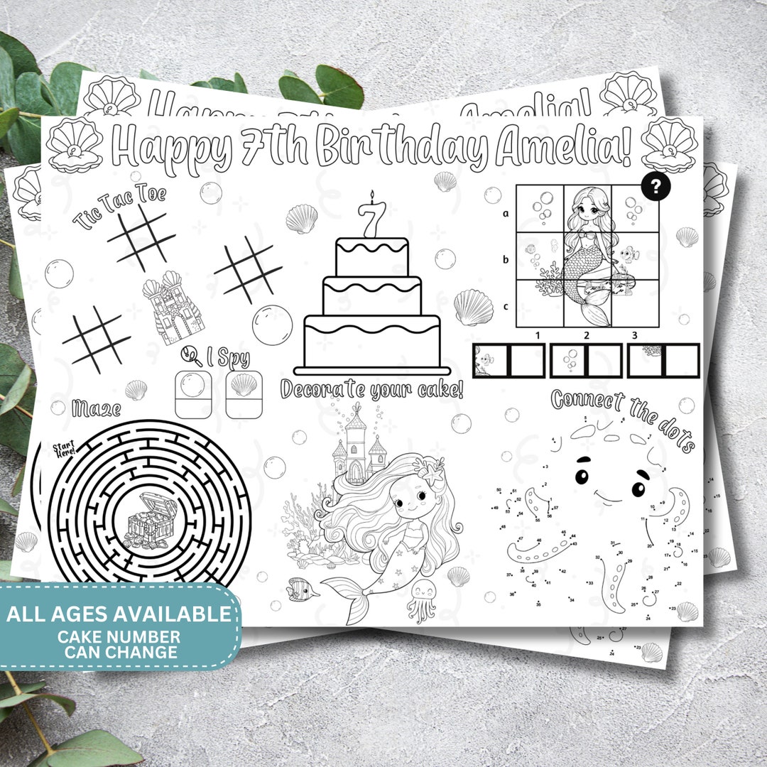 Mermaid Coloring Placemat | Activity Mat | Birthday Activity Page ...