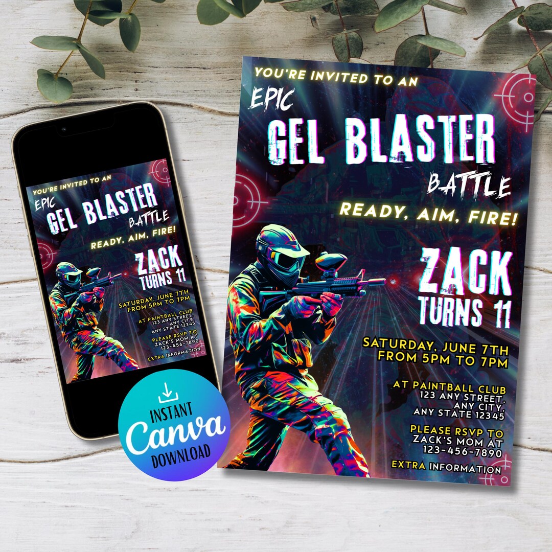 Gel Blaster Birthday Invite | Editable Digital Template | Customizable ...