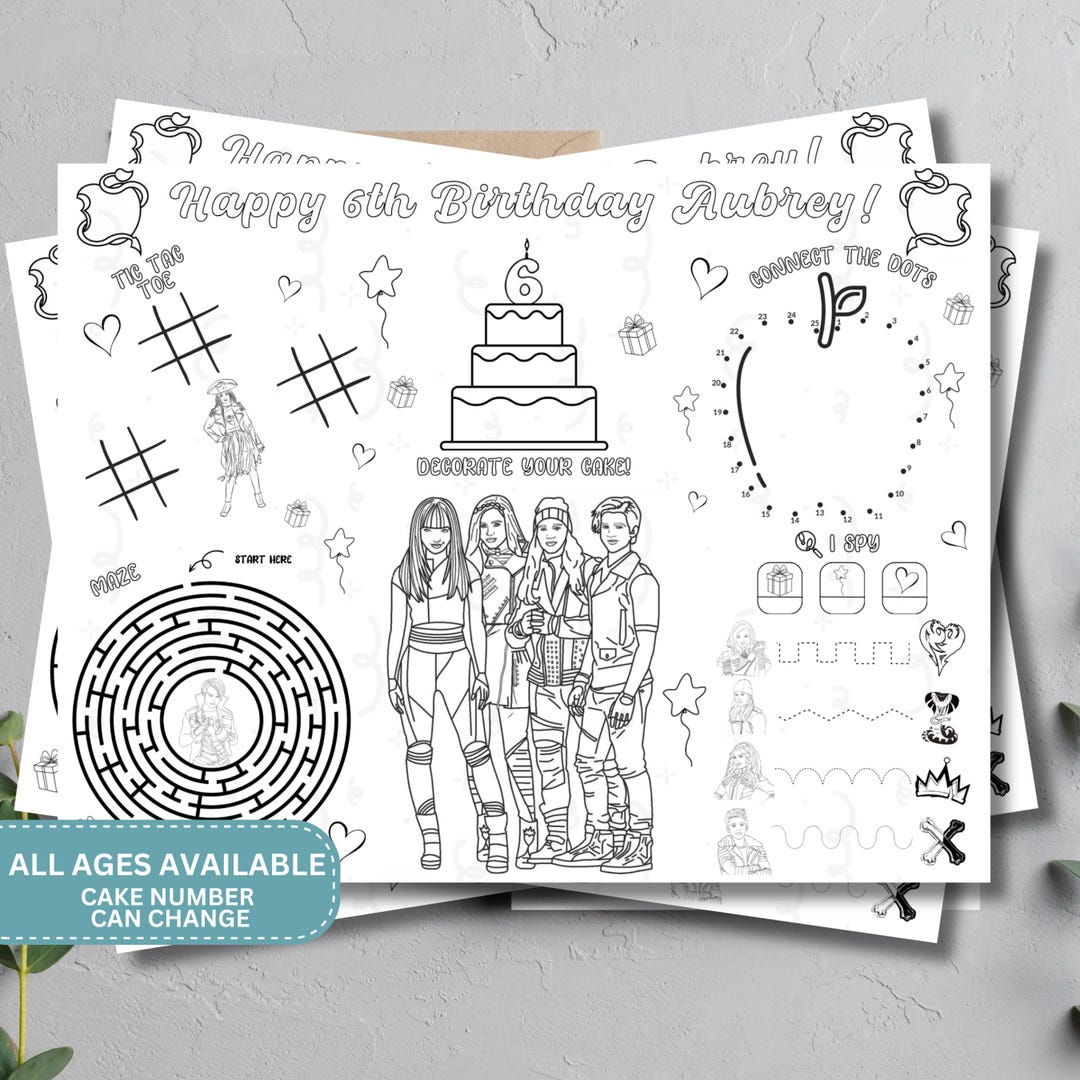 Descendants Birthday Placemat Activity Sheet: Editable Invitation ...