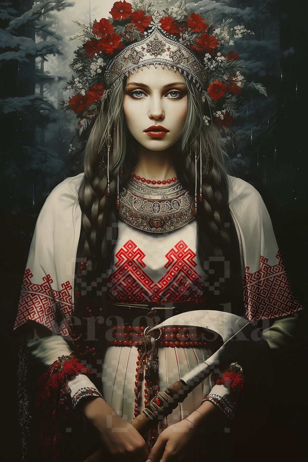 Slavic Art Print MORANA | Digital Folk Art | Vintage Portrait of ...