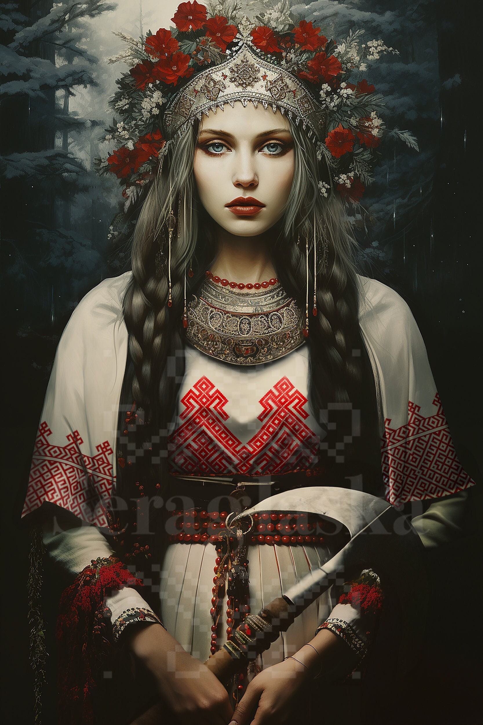 Slavic Art Print MORANA | Digital Folk Art | Vintage Portrait of ...