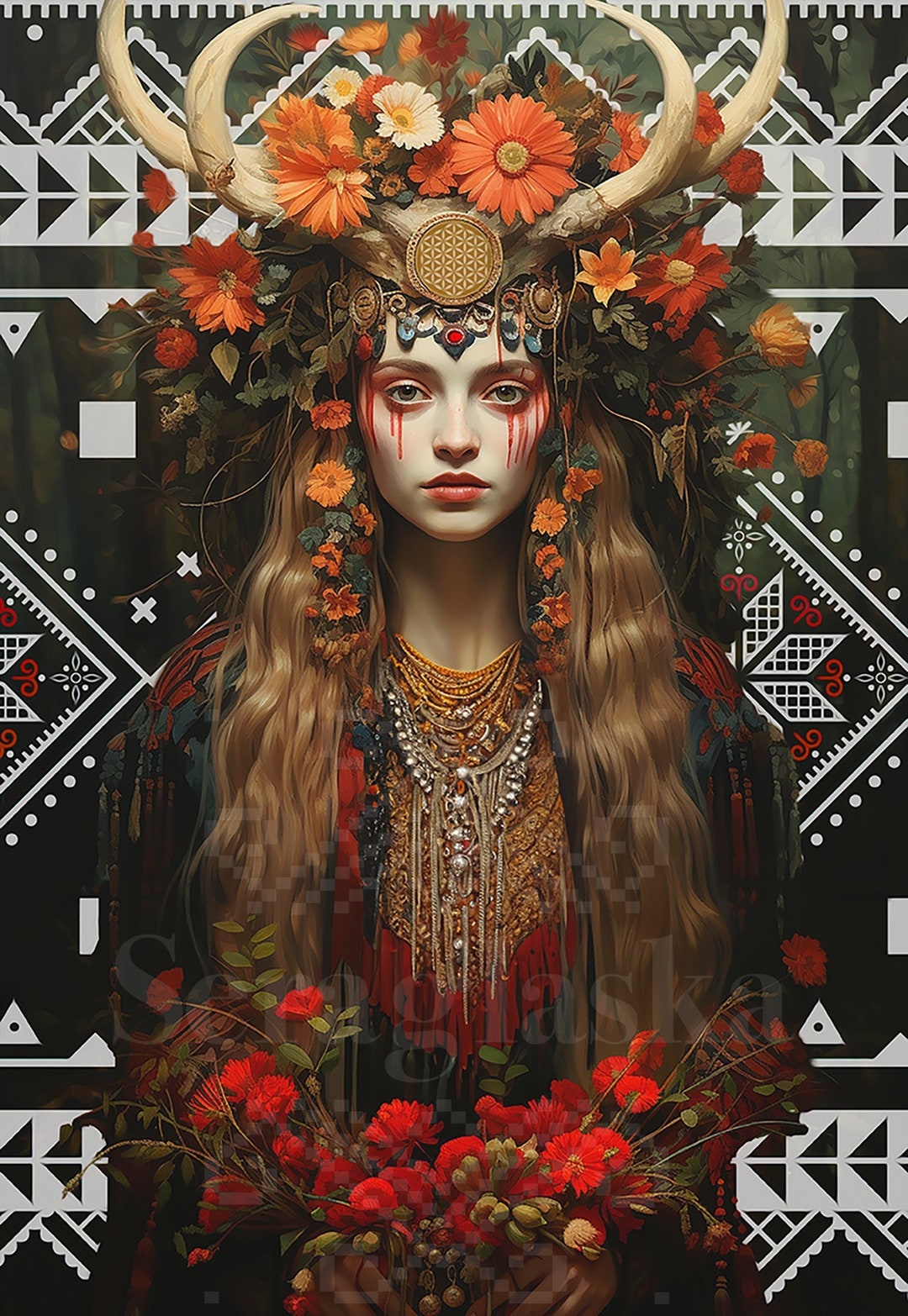 Slavic Art Print VEDMA | Digital Folk Art | Vintage Portrait of Slavic Shaman | Slavic Mythology ...