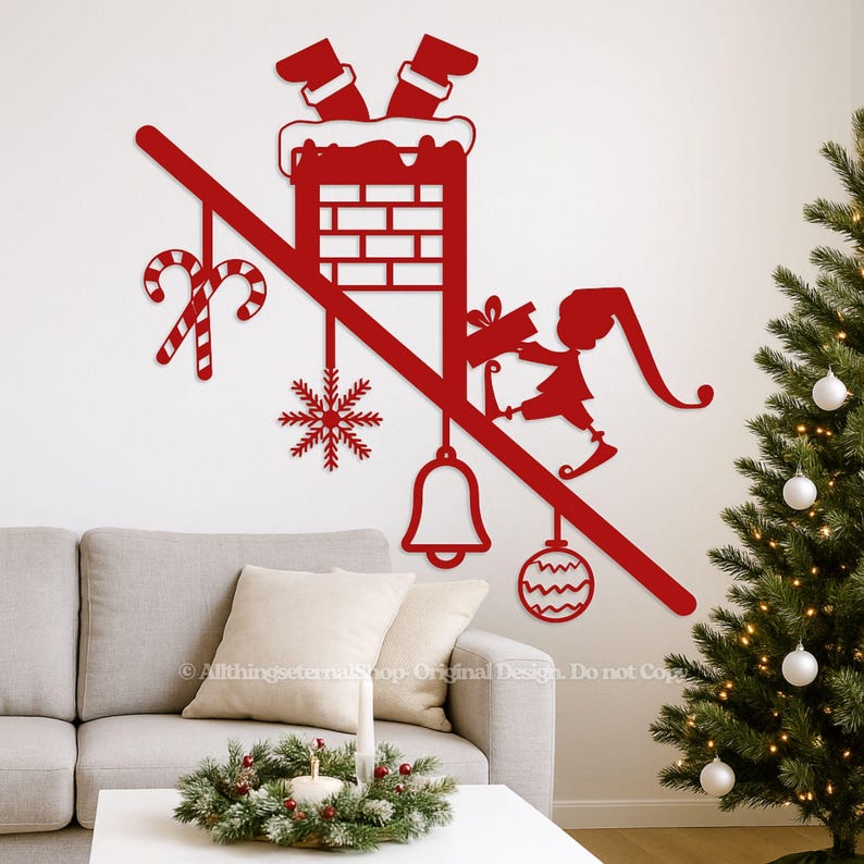 Santa & Elf Chimney Metal Wall Art | Whimsical Christmas Decor for Door ...