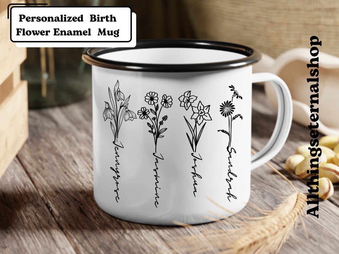 Personalized Birth Flower Enamel Mug 12oz-custom Name Birth Month ...