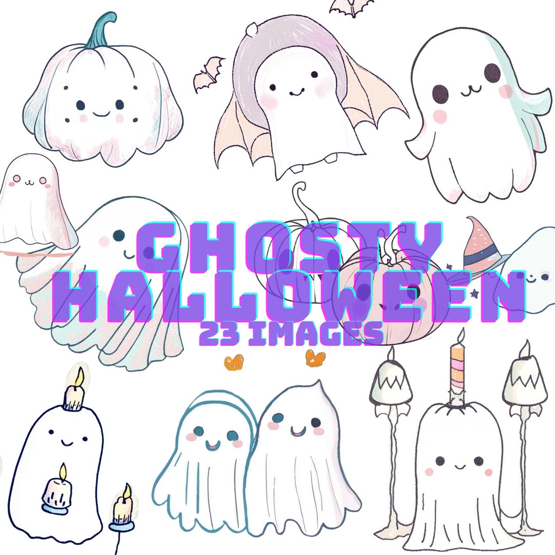 Cute Kawaii Halloween Ghost Clipart Bundle of 23 - Transparent ...