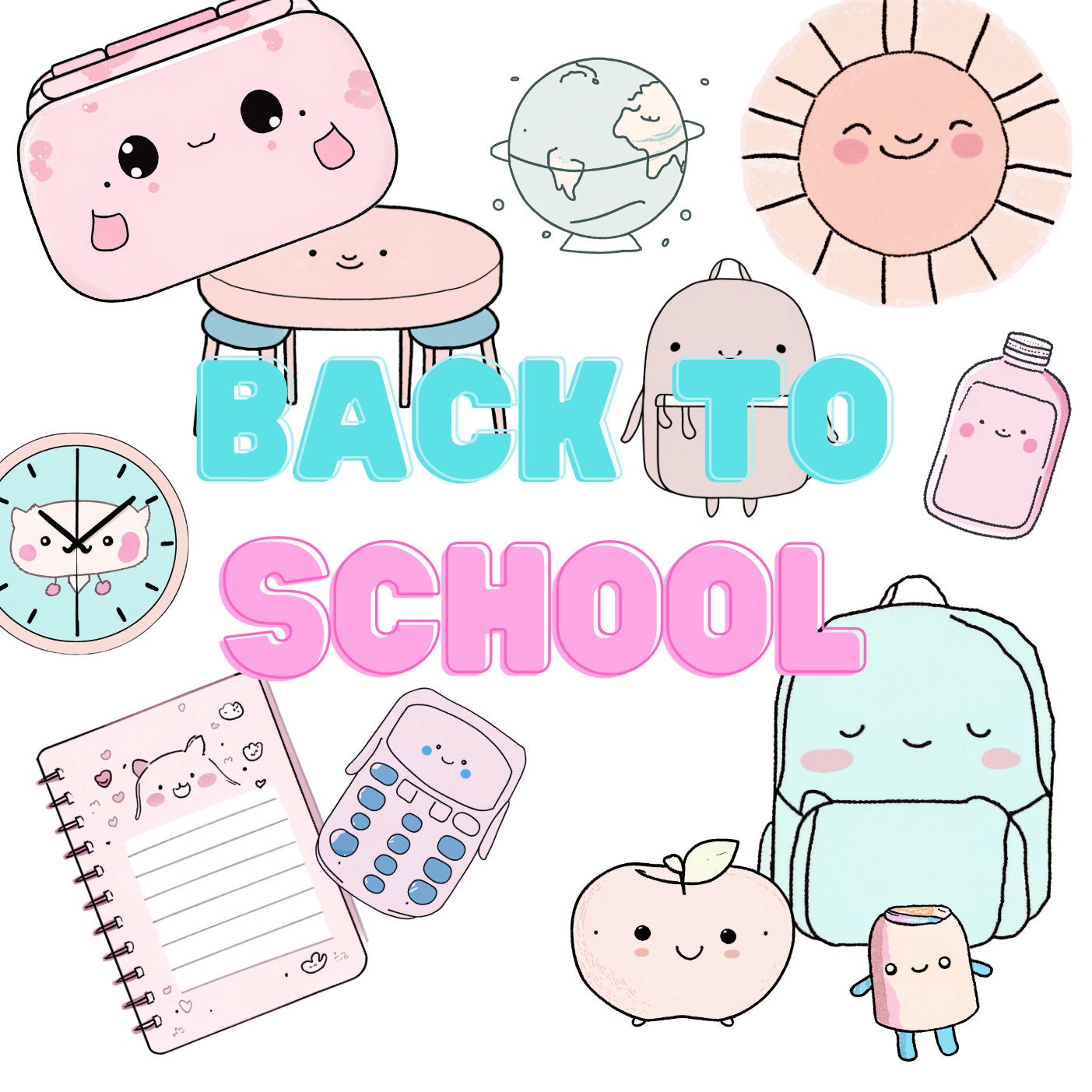 Cute Kawaii Back to School Clipart - 20 PNG Graphic Illustration Clip ...