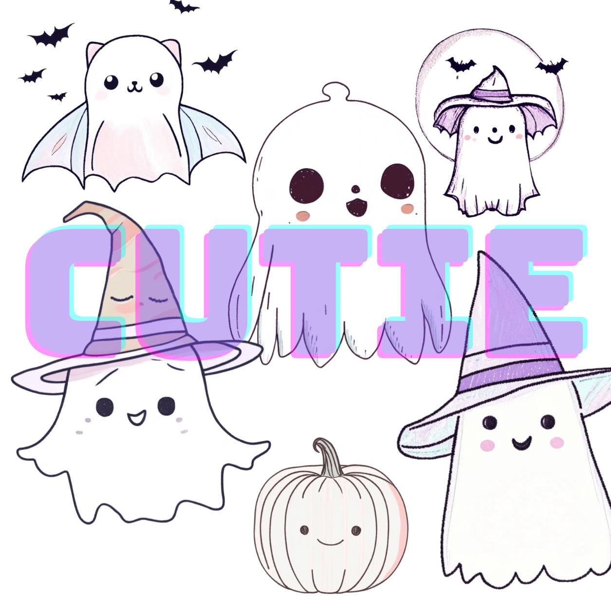 Cute Kawaii Halloween Ghost Clipart Bundle of 23 - Transparent ...