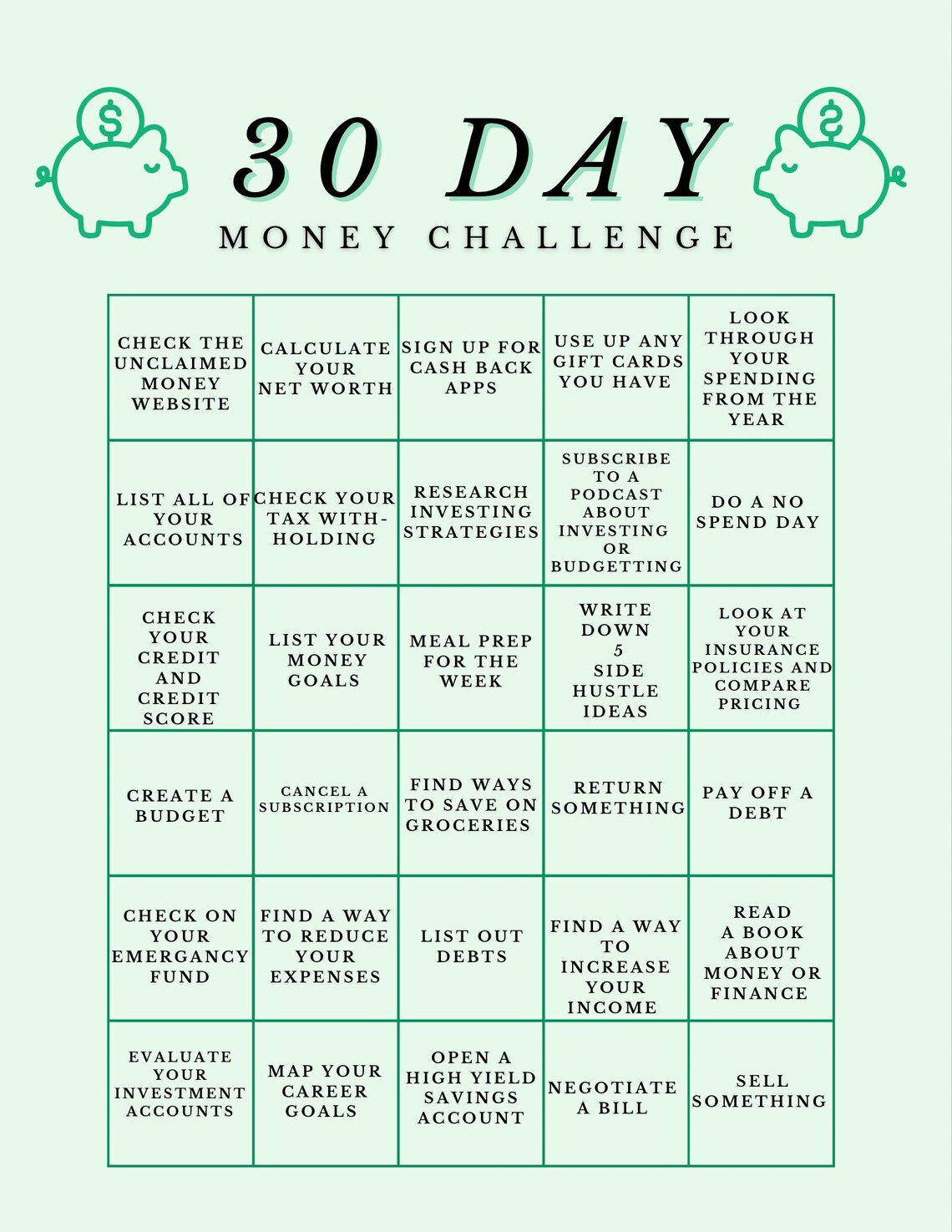 Savings Challenge, Printable Personal Finance Worksheet, 30 Day Money ...