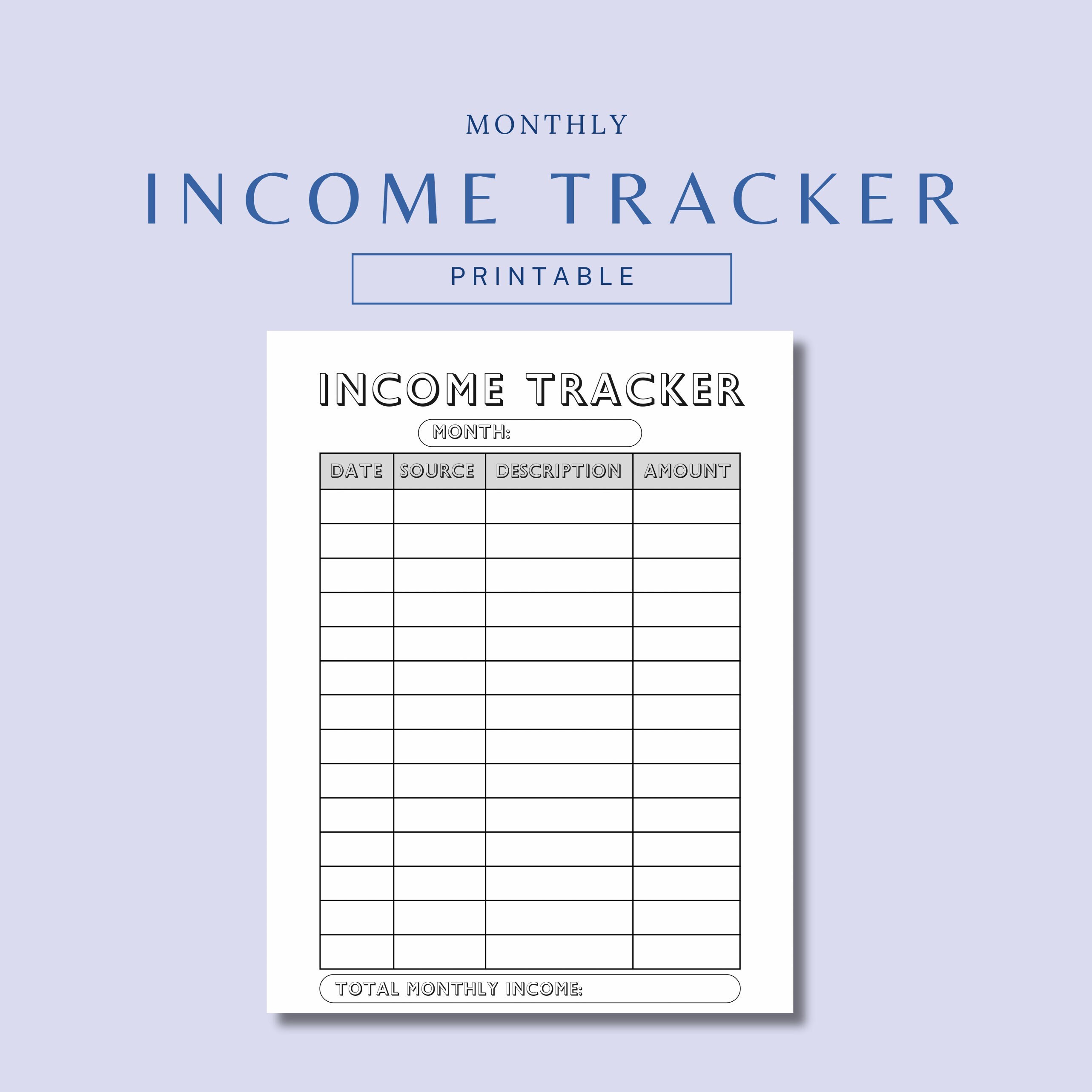 Income Tracker, Printable Income Tracking Worksheet, Monthly Income ...