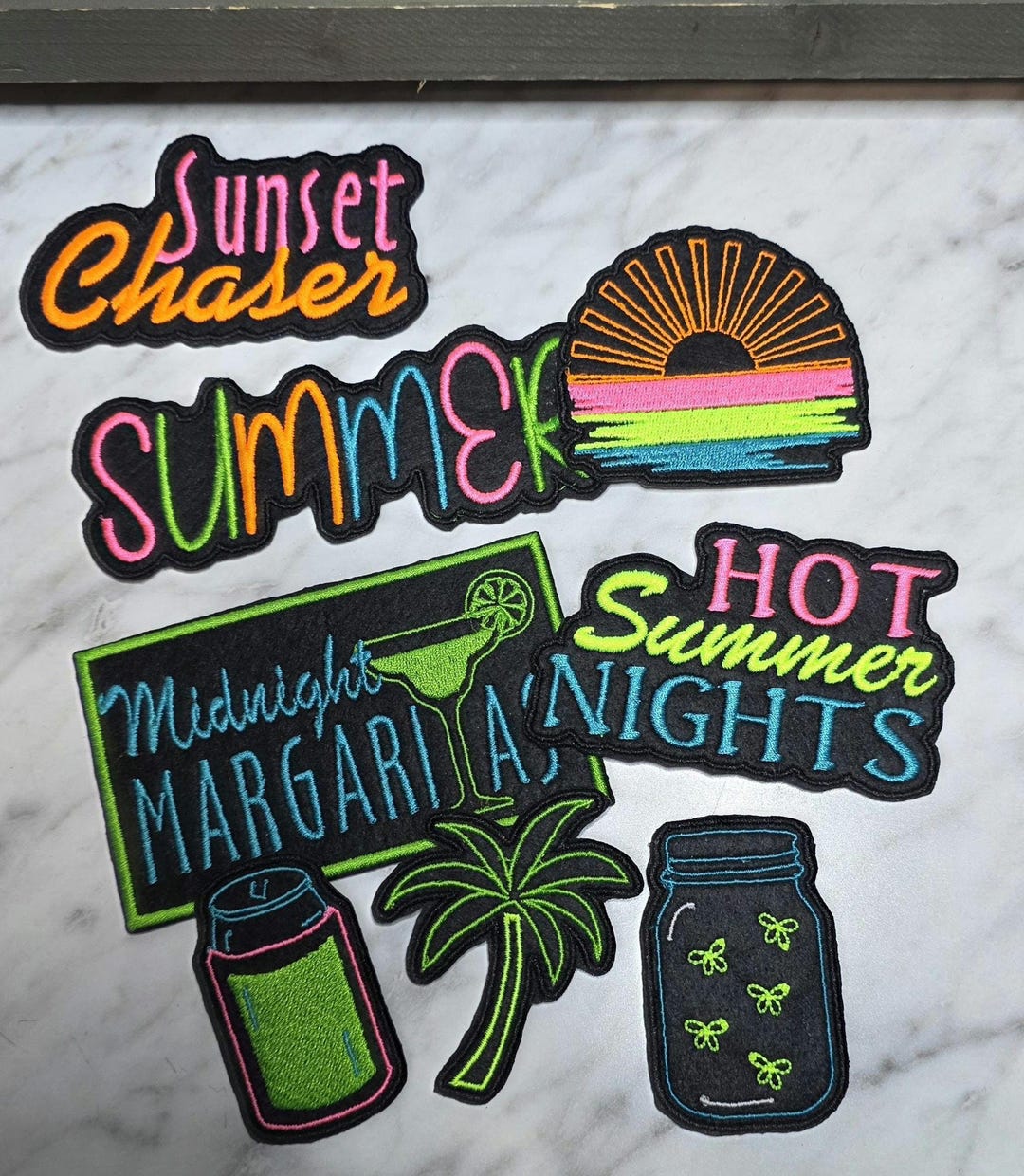 Summer Iron-on Embroidered Patches in Neon Colors on Black Felt. Summer ...