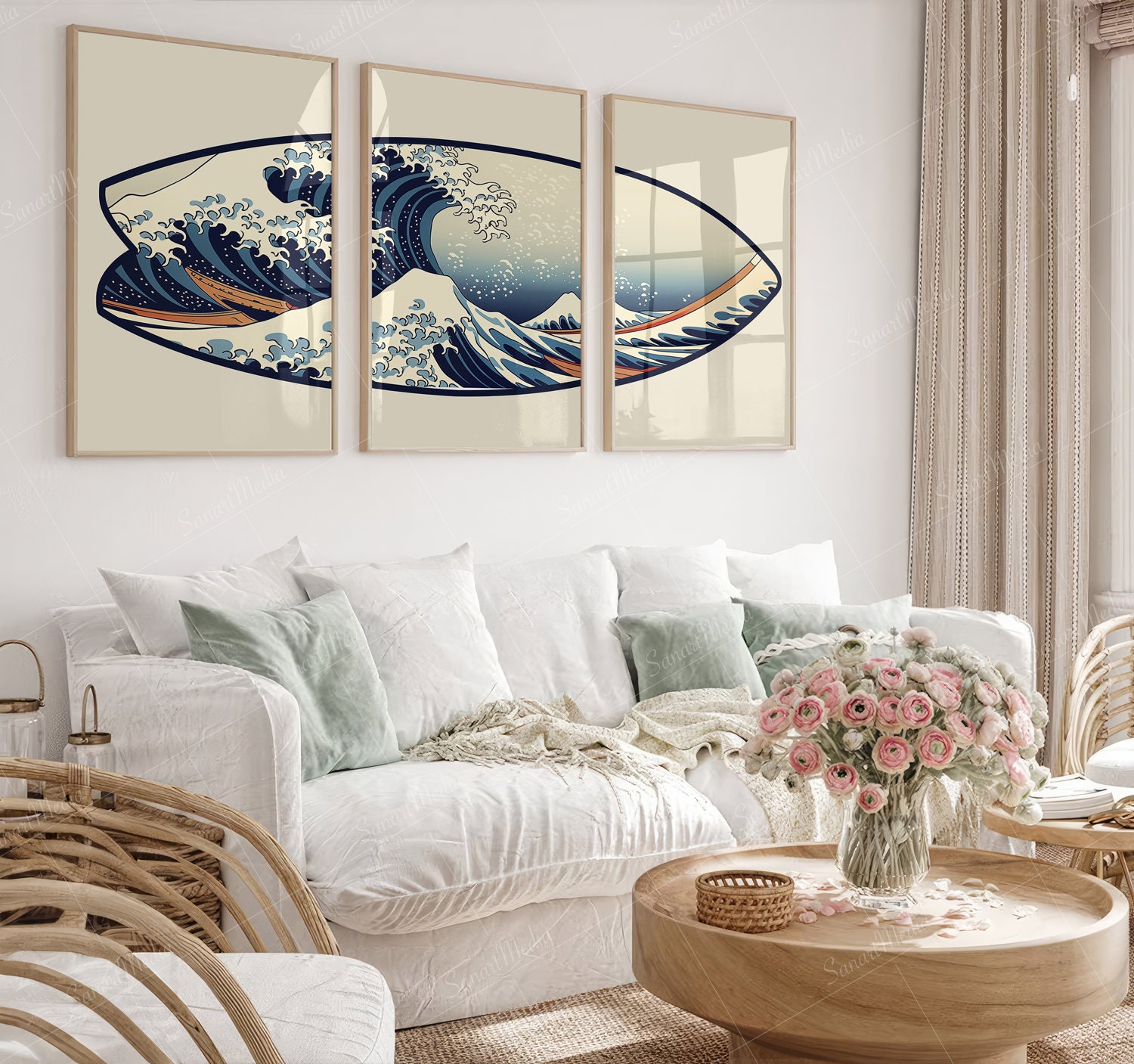 Boho Surfboard Triptych Beach Art Print Set Surf Wall Art Decor Digital ...