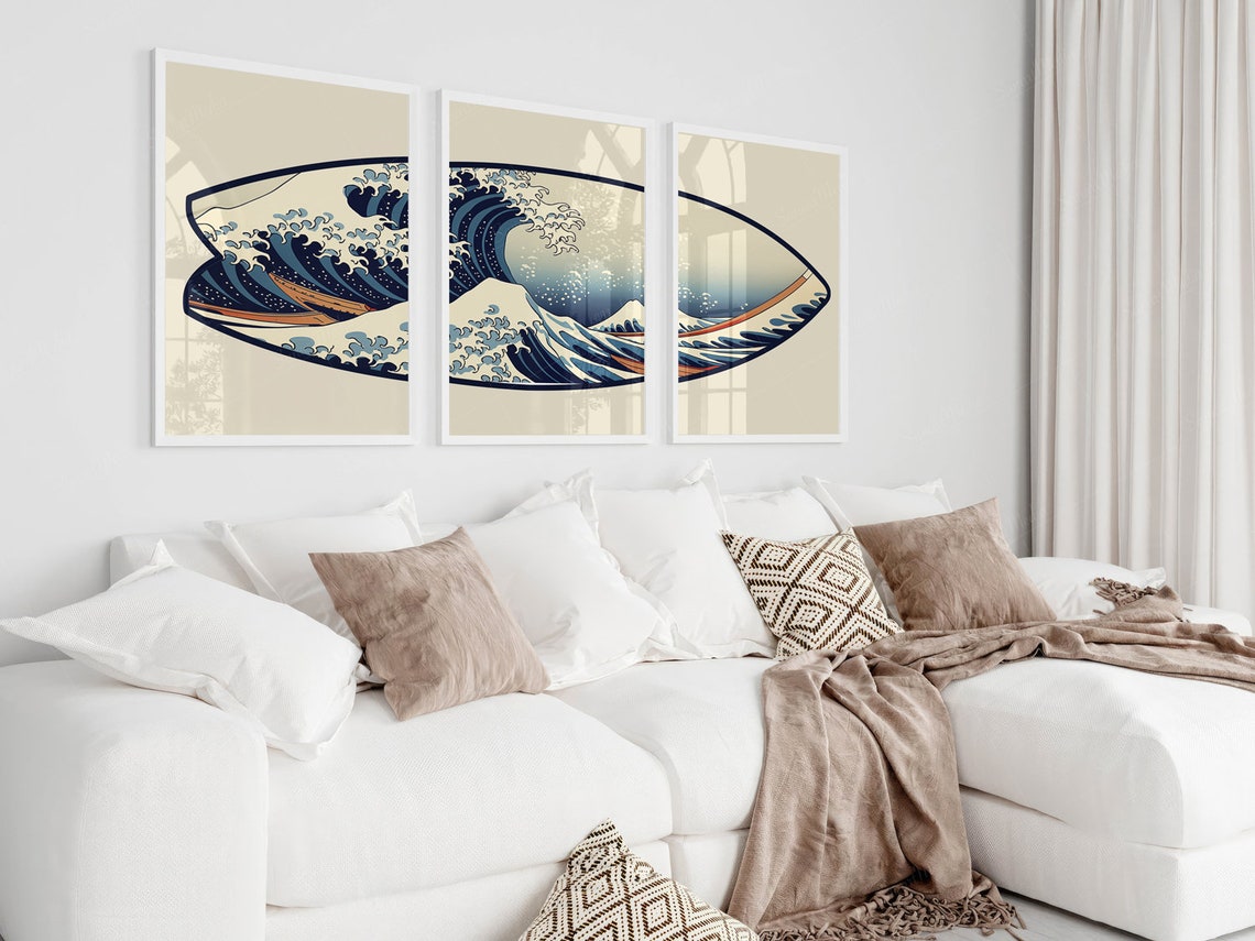 Boho Surfboard Triptych Beach Art Print Set Surf Wall Art Decor Digital ...