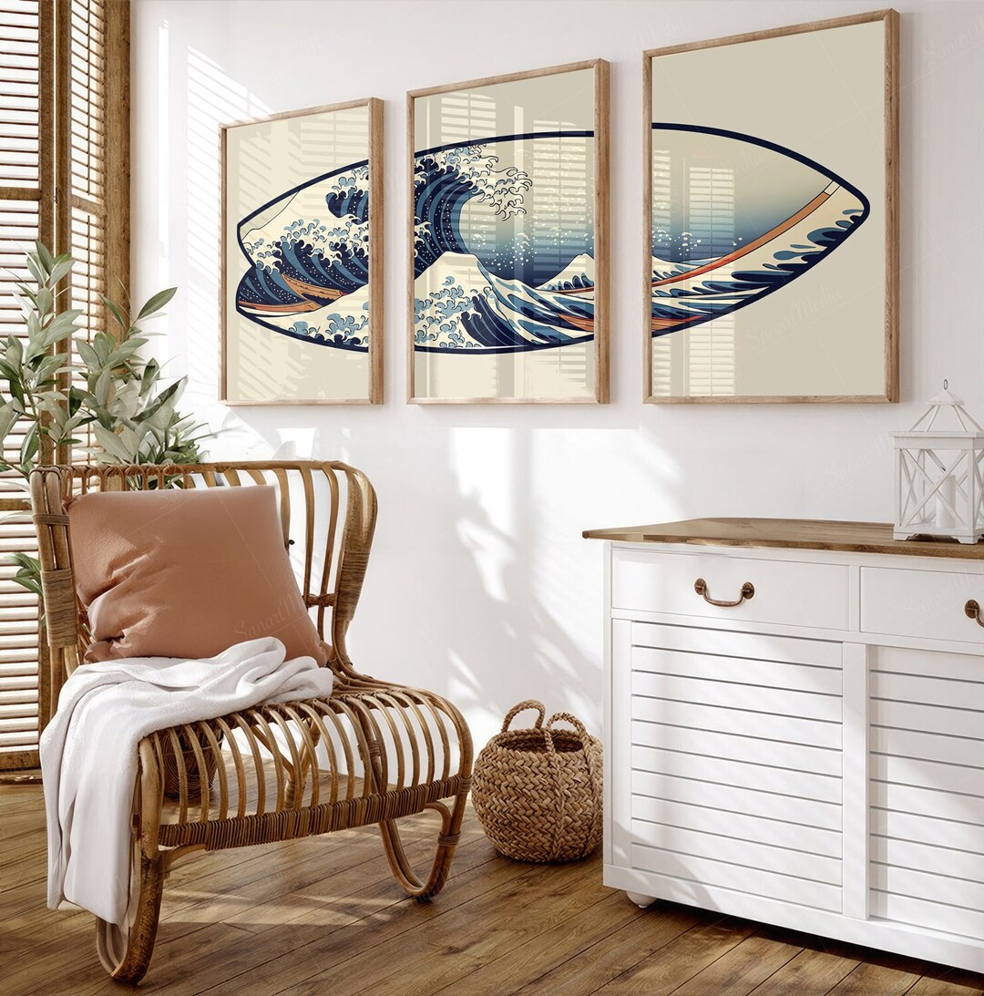Boho Surfboard Triptych Beach Art Print Set | Surf Wall Art Decor ...