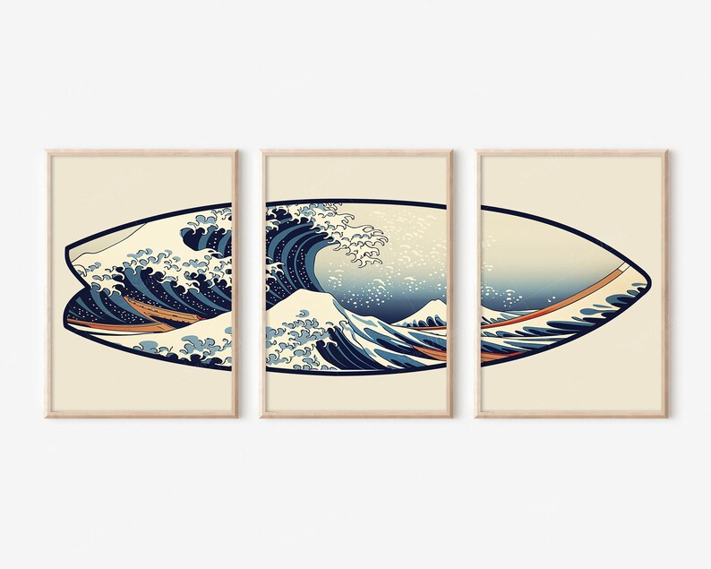 Boho Surfboard Triptych Beach Art Print Set Surf Wall Art Decor Digital ...