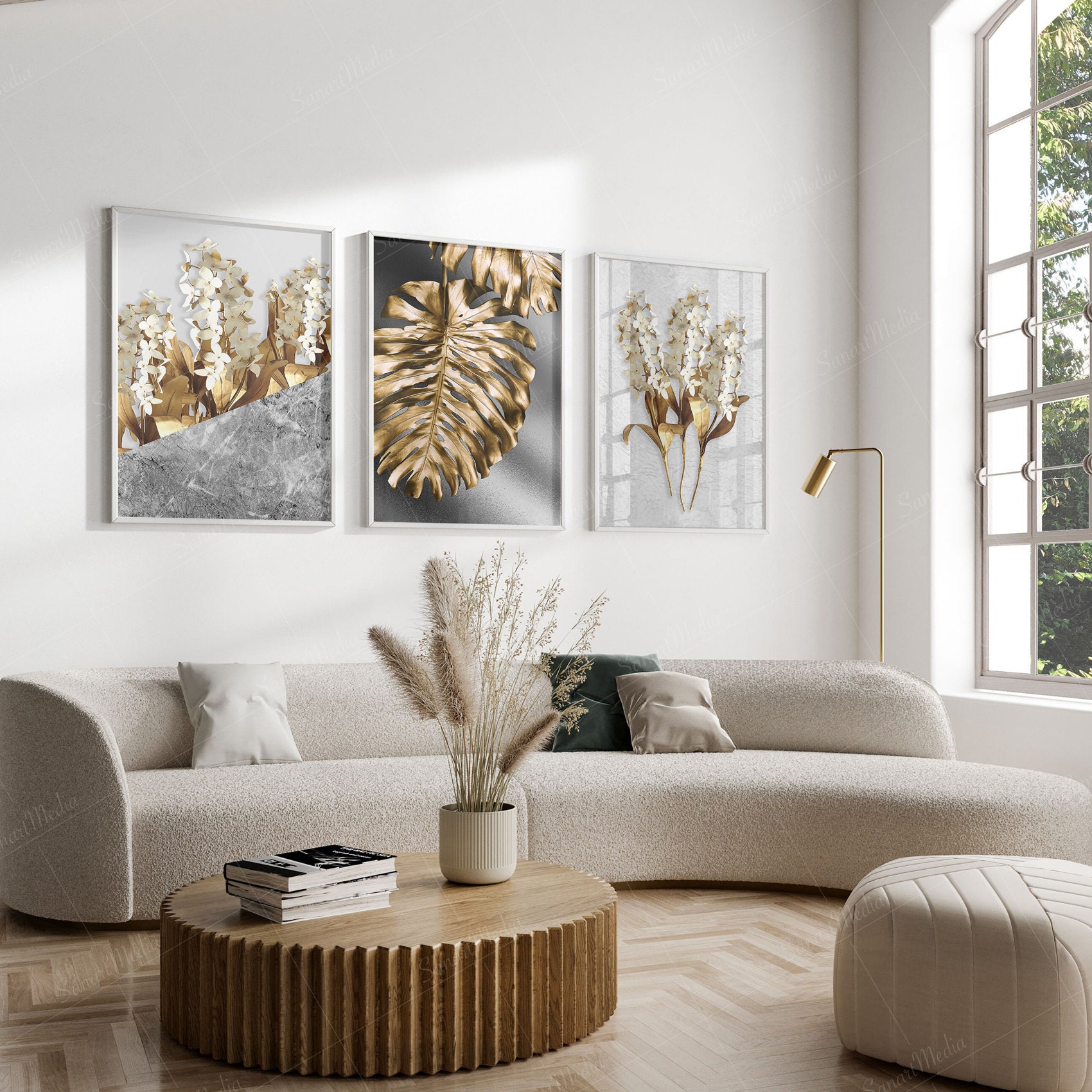 Gold Daisy Monstera Flowers and Leaf, White Floral Marble Wall Art ...