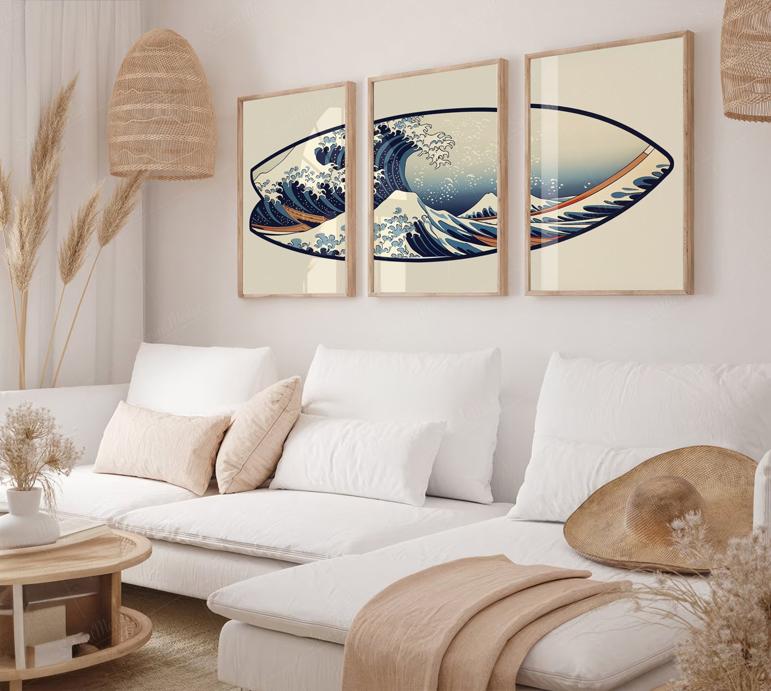 Boho Surfboard Triptych Beach Art Print Set Surf Wall Art Decor Digital ...
