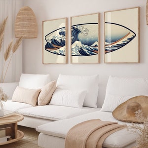 Boho Surfboard Triptych Beach Art Print Set | Surf Wall Art Decor ...